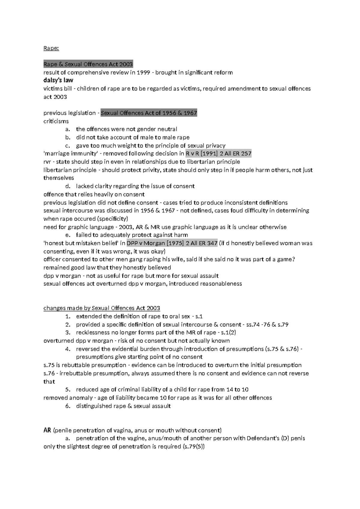 Rape notes - Just a brief overview of rape with key cases & legislation ...