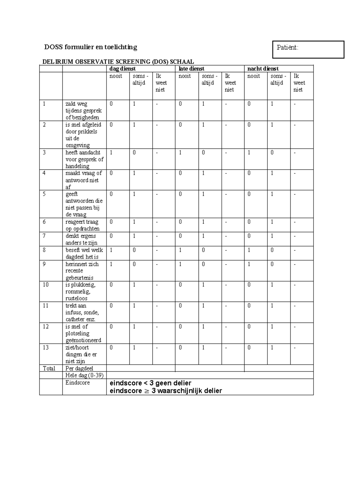 DOSS met toelichting - DOSS formulier en toelichting DELIRIUM ...