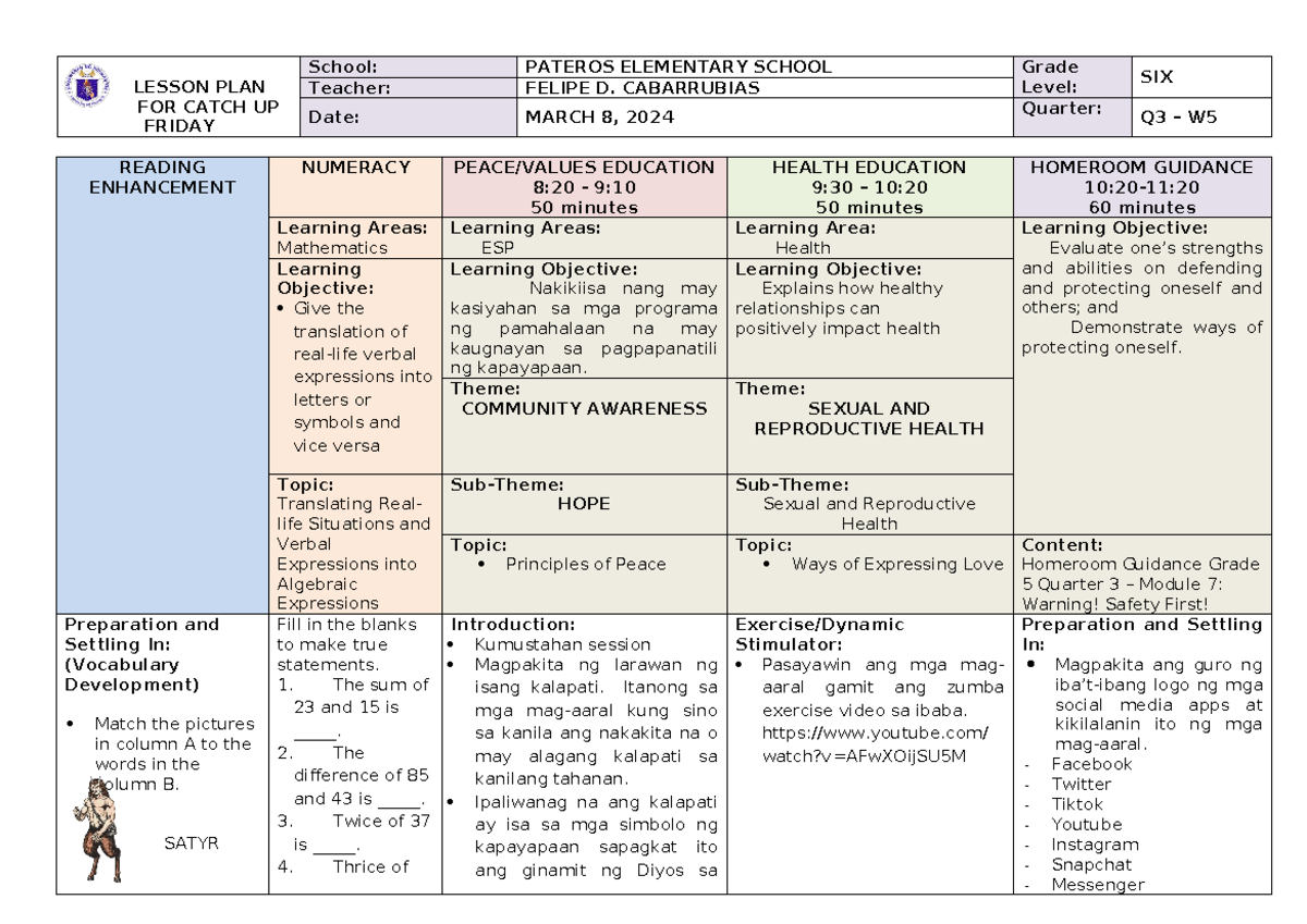 March 8 GR6 Catch UP LP - READING ENHANCEMENT - LESSON PLAN FOR CATCH ...