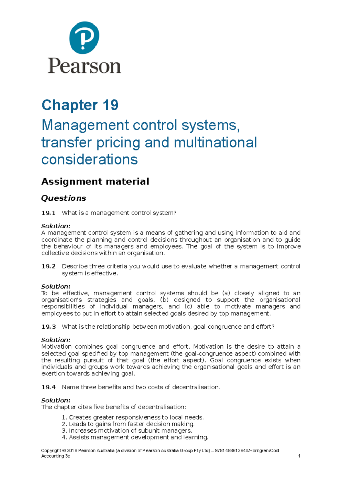 HORN COST 3E ISM 19 - Lecture notes 19 - Chapter 19 Management control ...