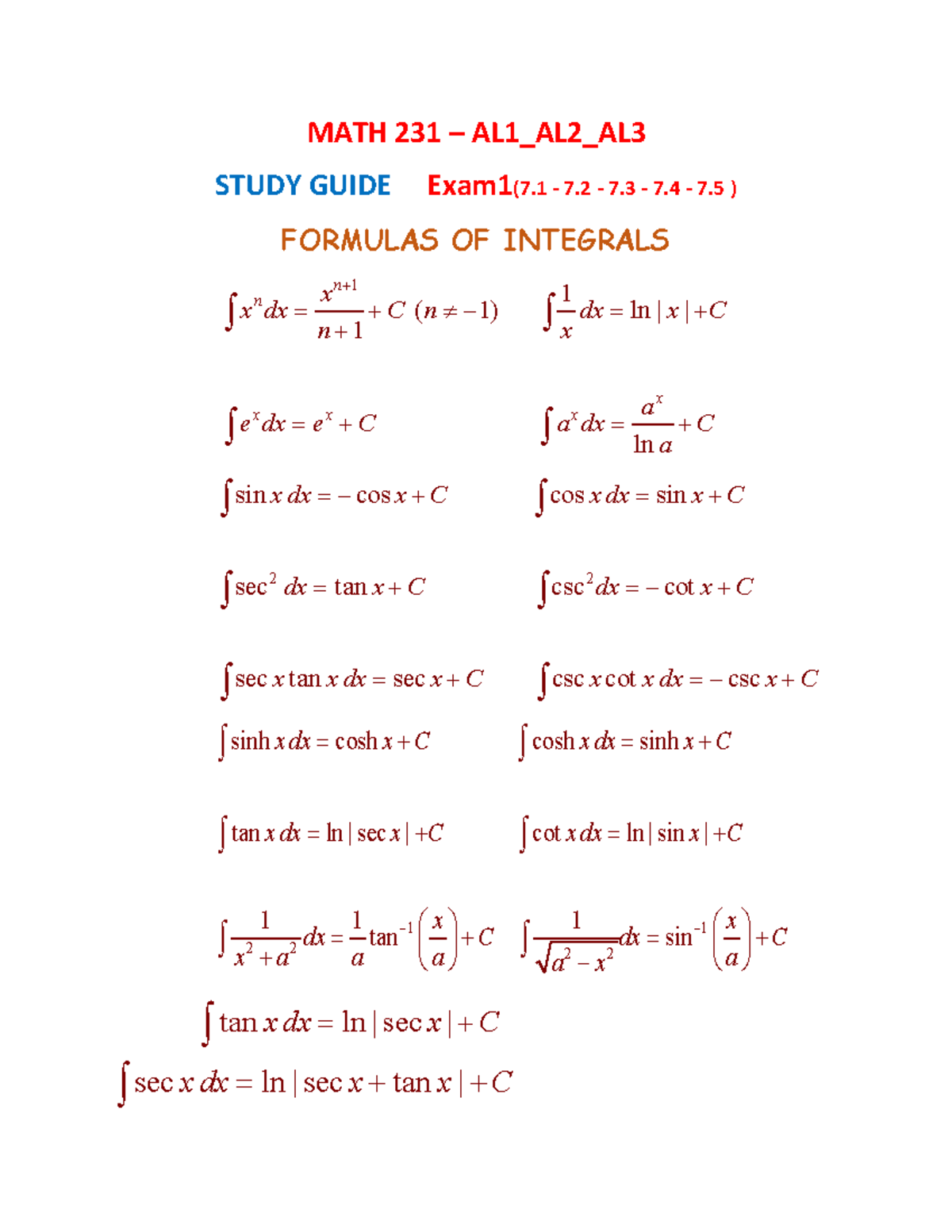 Midterm 1 study guide - MATH 231 – AL1_AL2_AL STUDY GUIDE Exam1(7 - 7 ...