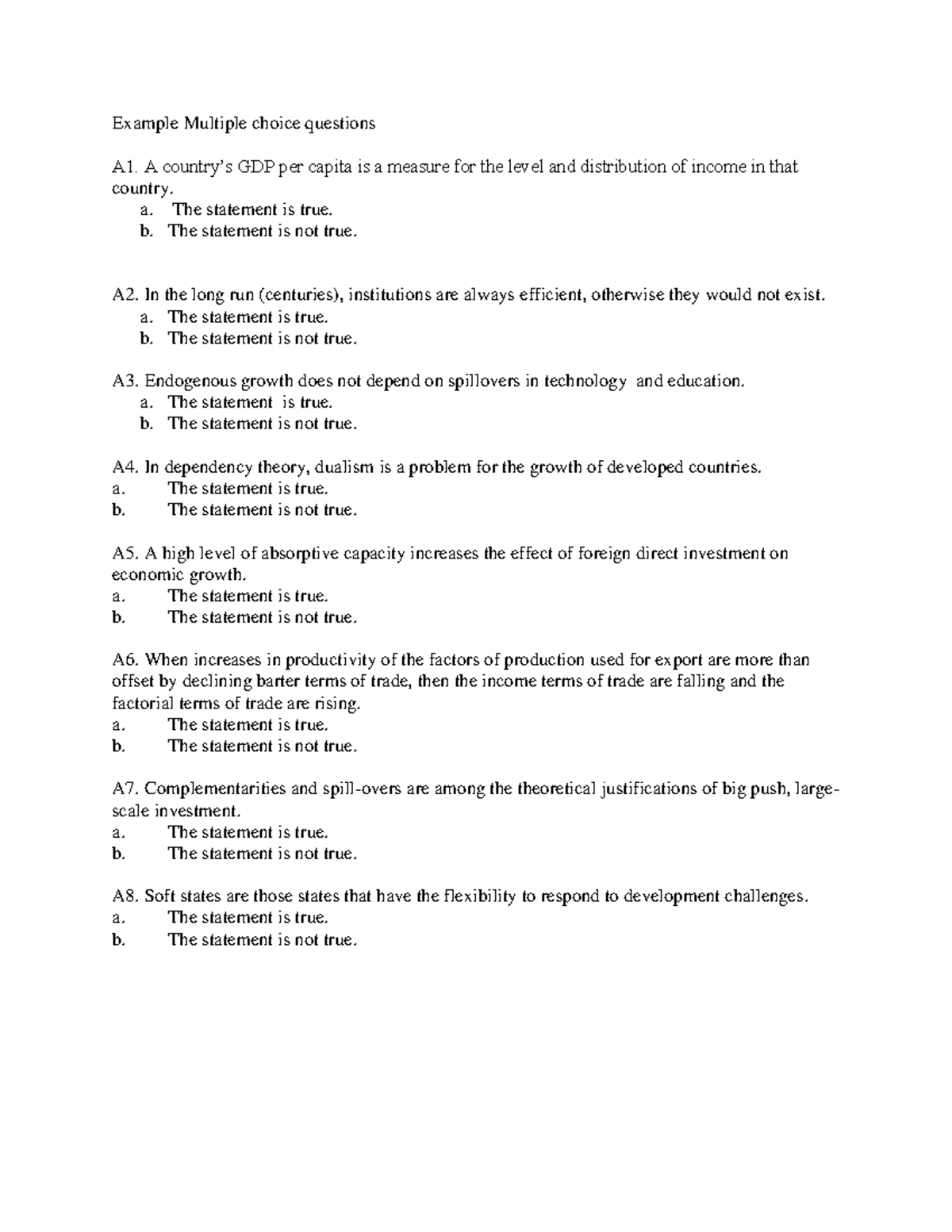 Test / practice exam 2015 Global Development Studies, questions and ...
