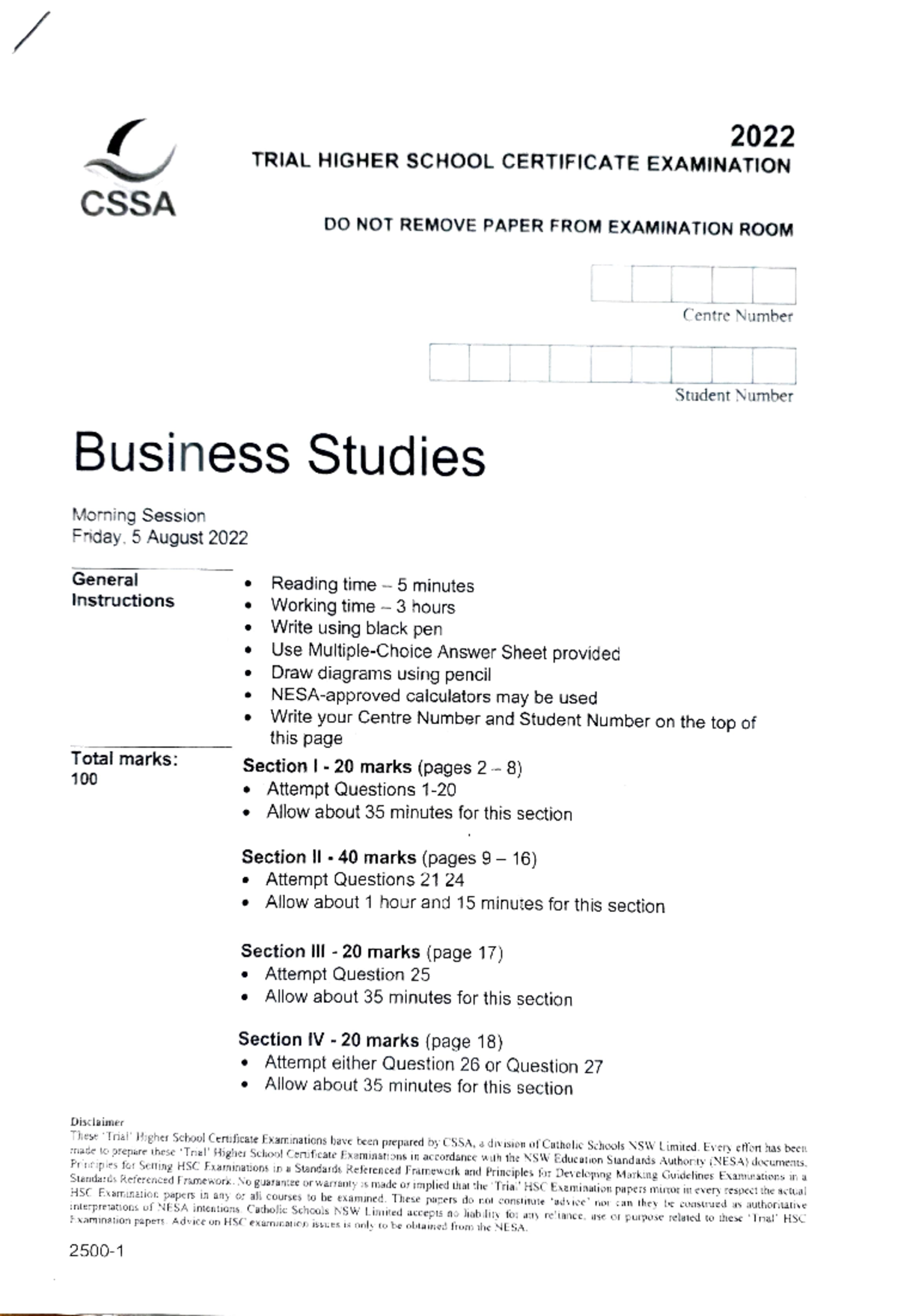 CSSA 2022 - cssa 2022 biz trial - CSSA Morning Session Friday, 5 August 2022 Business Studies ...