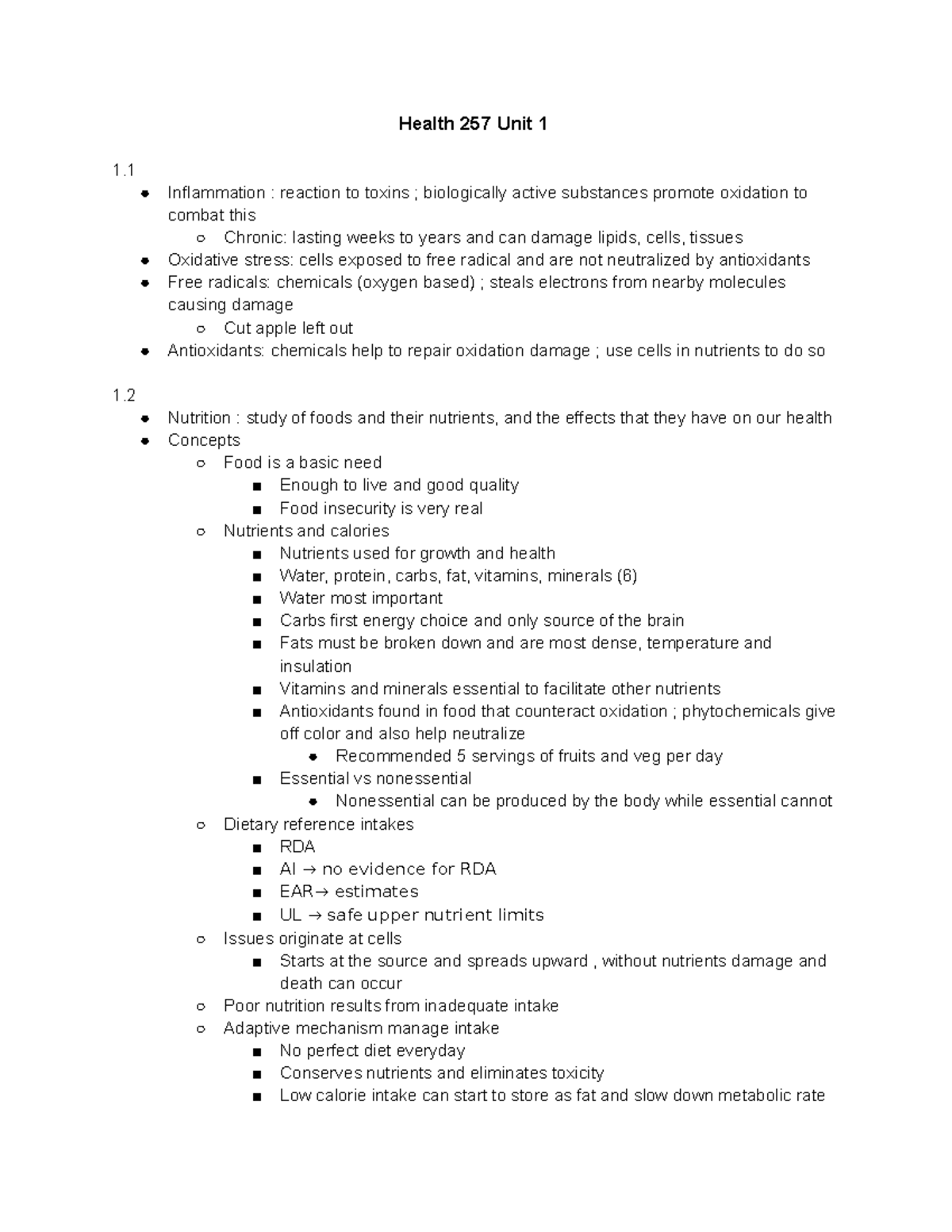 Nutrtion Notes Module 1 - Health 257 Unit 1 1. Inflammation : reaction ...
