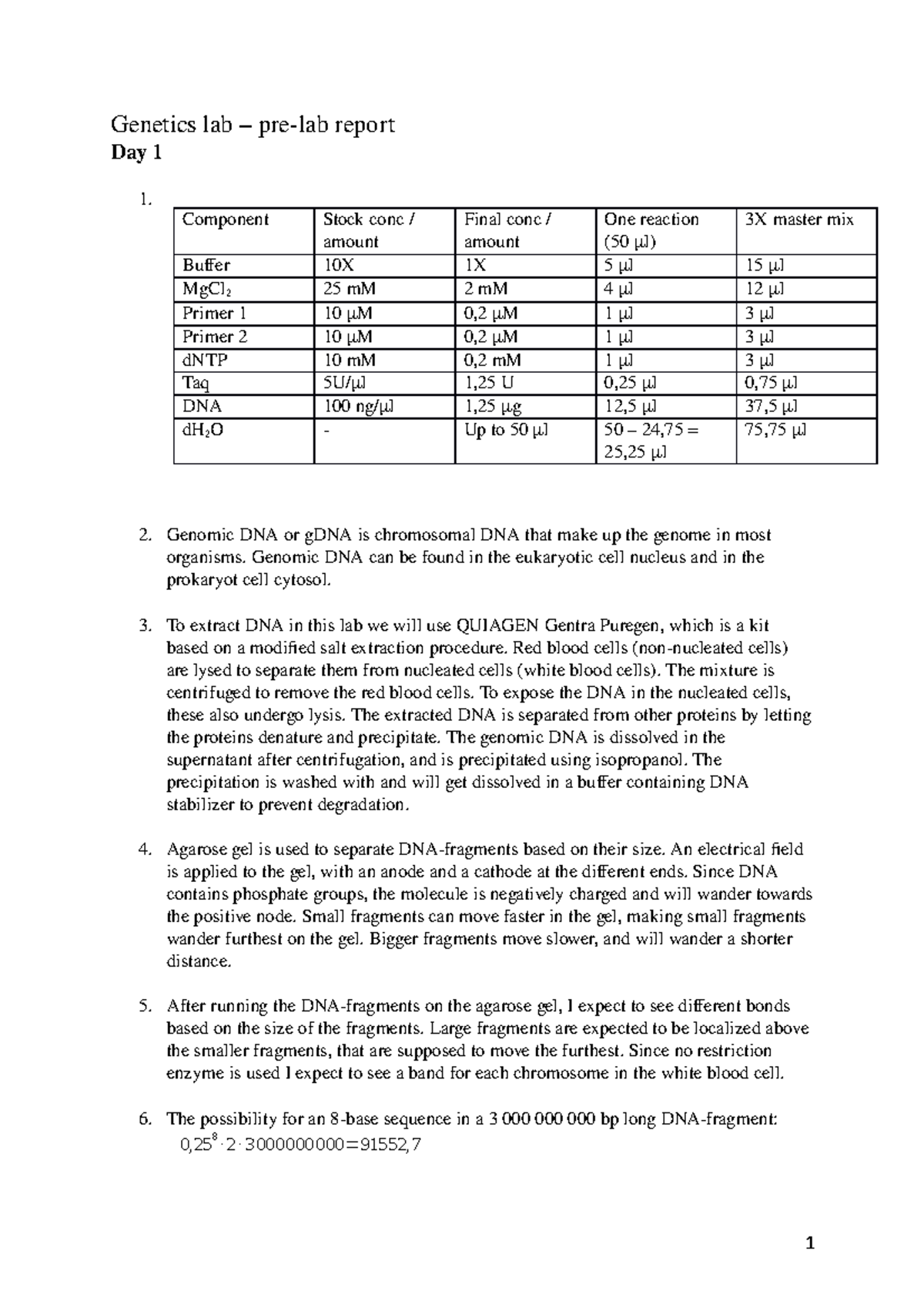 Genetics lab – prelab report - Genetics lab – pre-lab report Day 1 1. Component Buffer MgCl2 ...