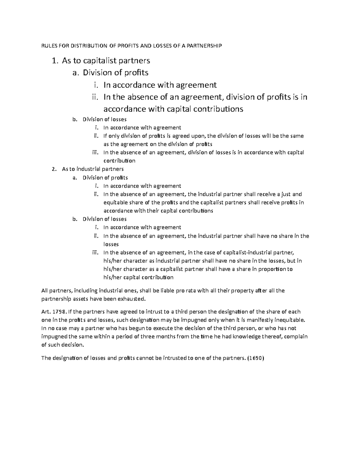 Rules FOR Distribution OF Profits AND Losses OF A Partnership - RULES ...