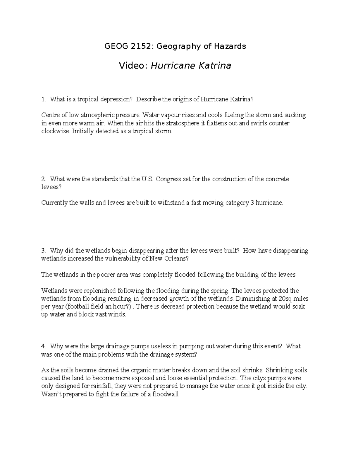 Video Questions - Hurricane Katrina - GEOG 2152: Geography of Hazards ...