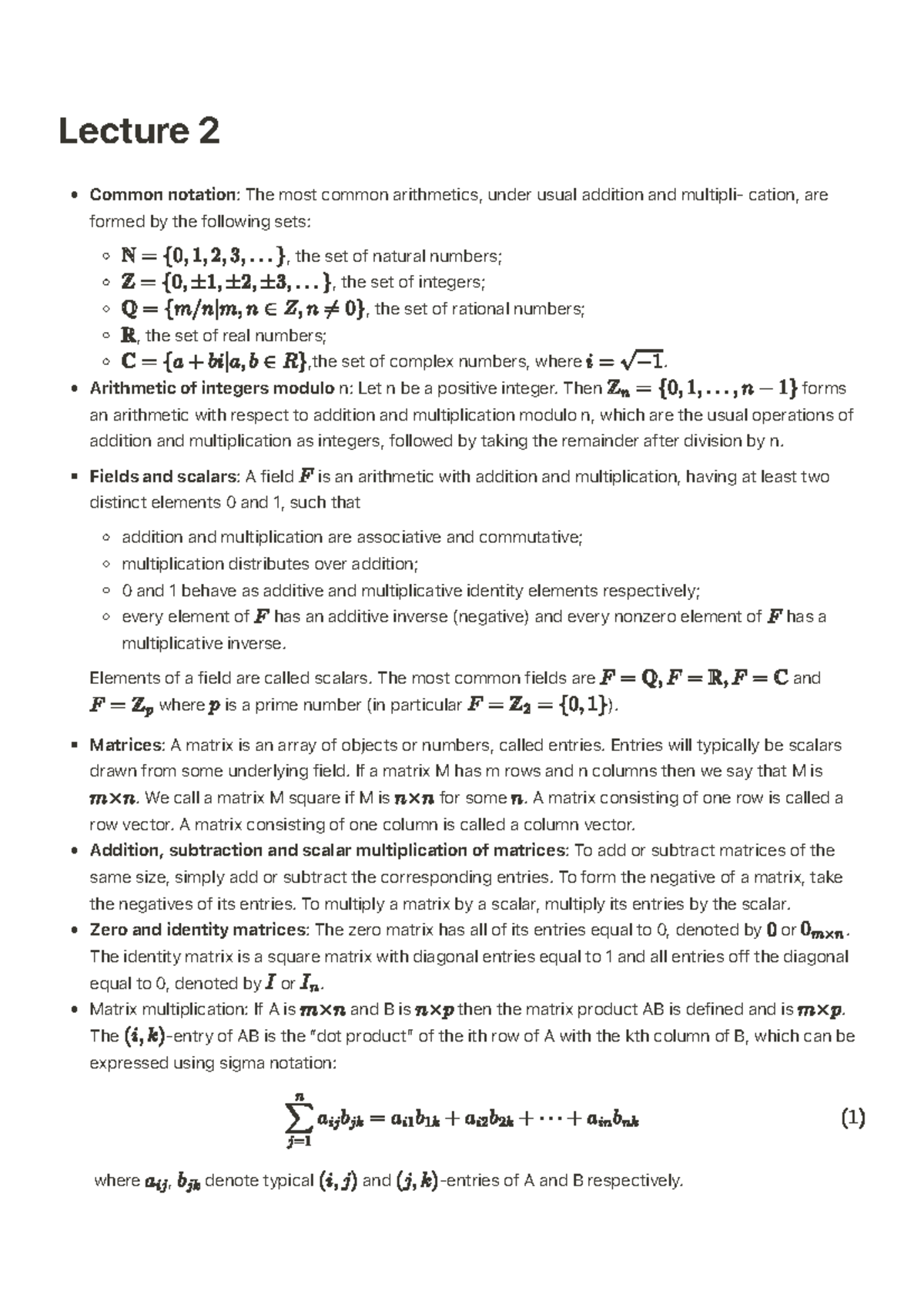 Semester Summary - Lecture 2 Common notation: The most common ...
