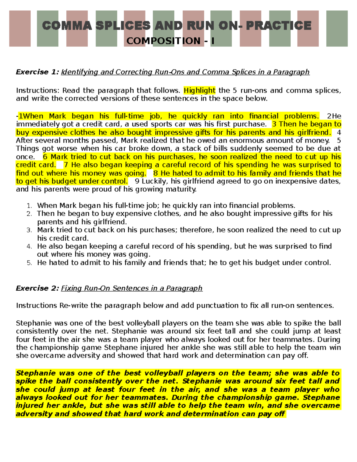 Practice 2 - Comma Splices on composition - Exercise 1: Identifying and ...