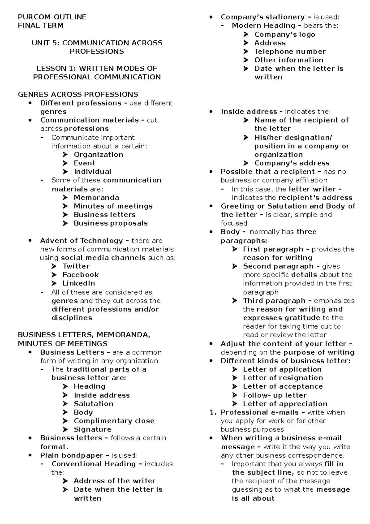 Purposive Communication (Finals Outline) - PURCOM OUTLINE FINAL TERM UNIT 5: COMMUNICATION ...