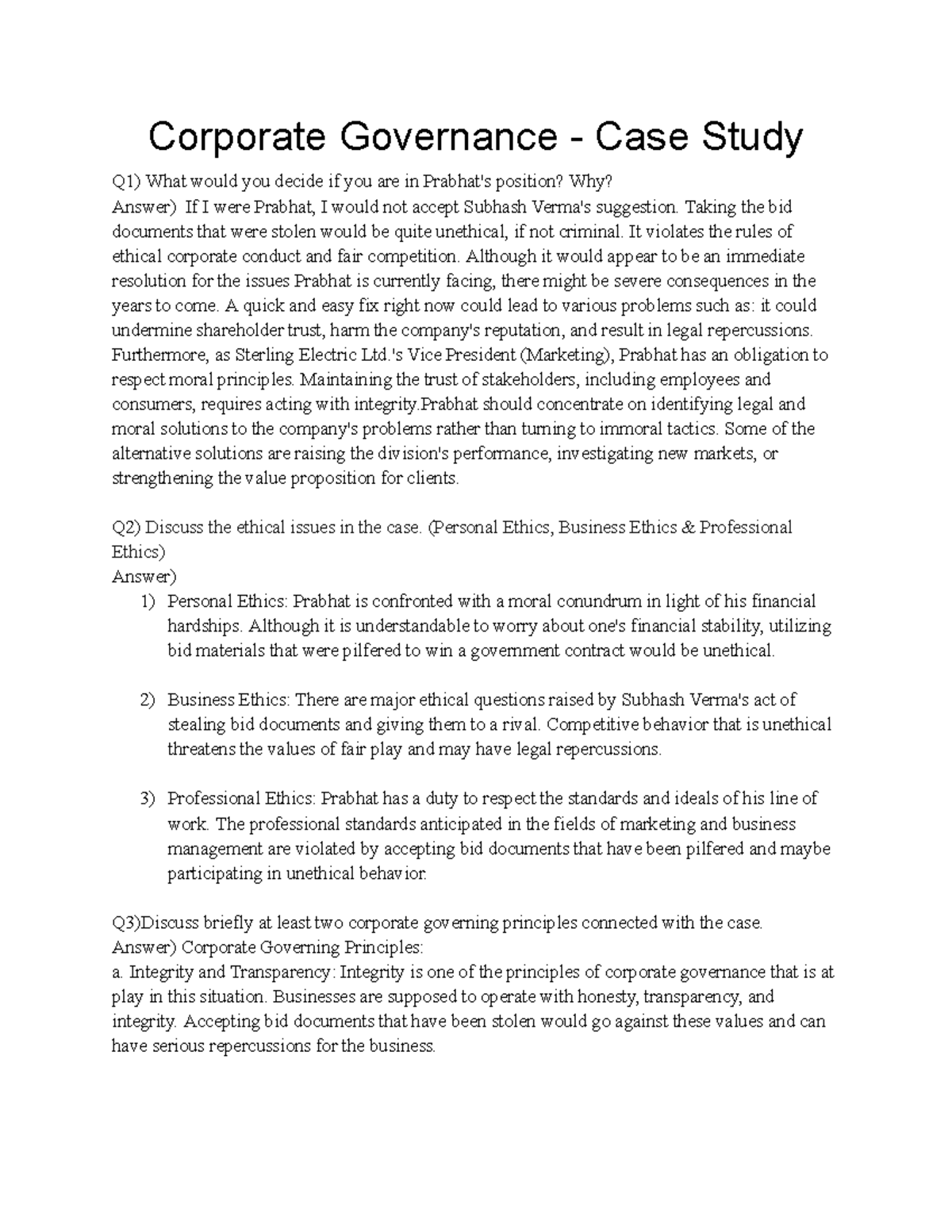 Corporate Governance - Case Study - Taking the bid documents that were ...