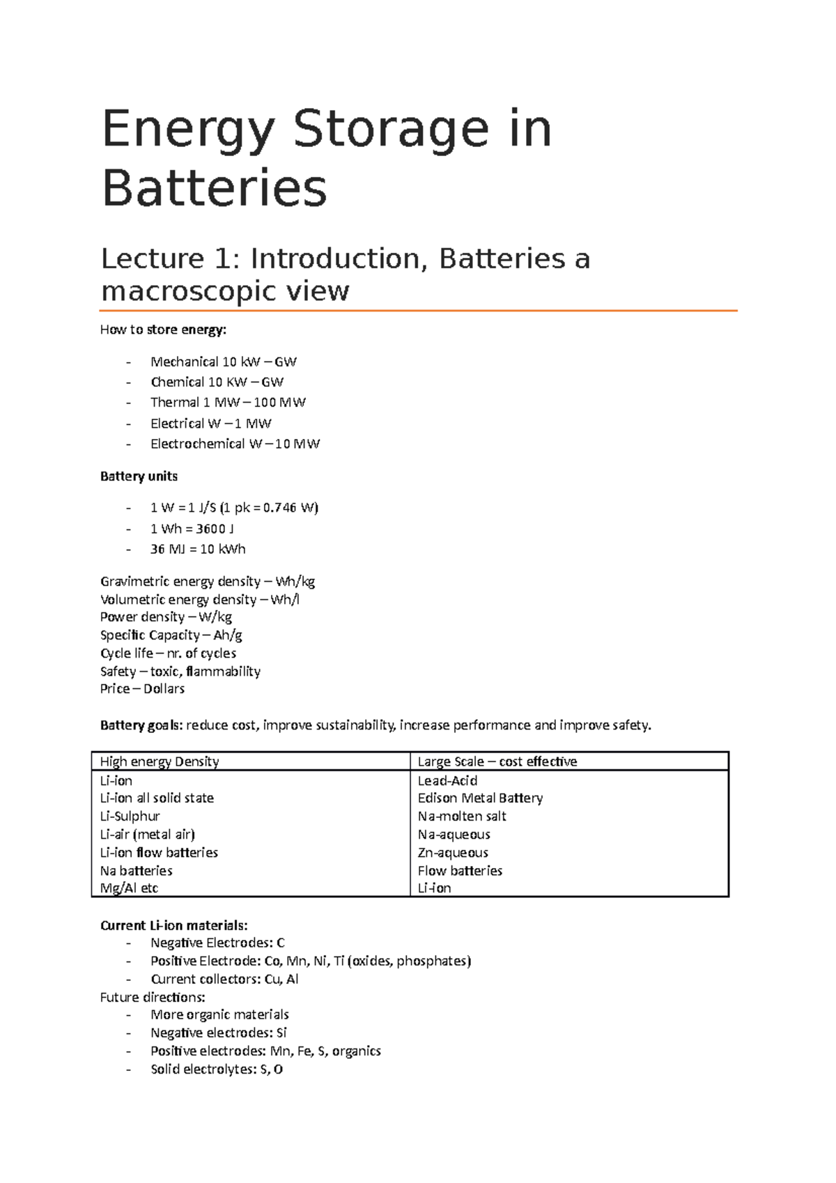 Summary batteries - Energy Storage in Batteries Lecture 1: Introduction ...