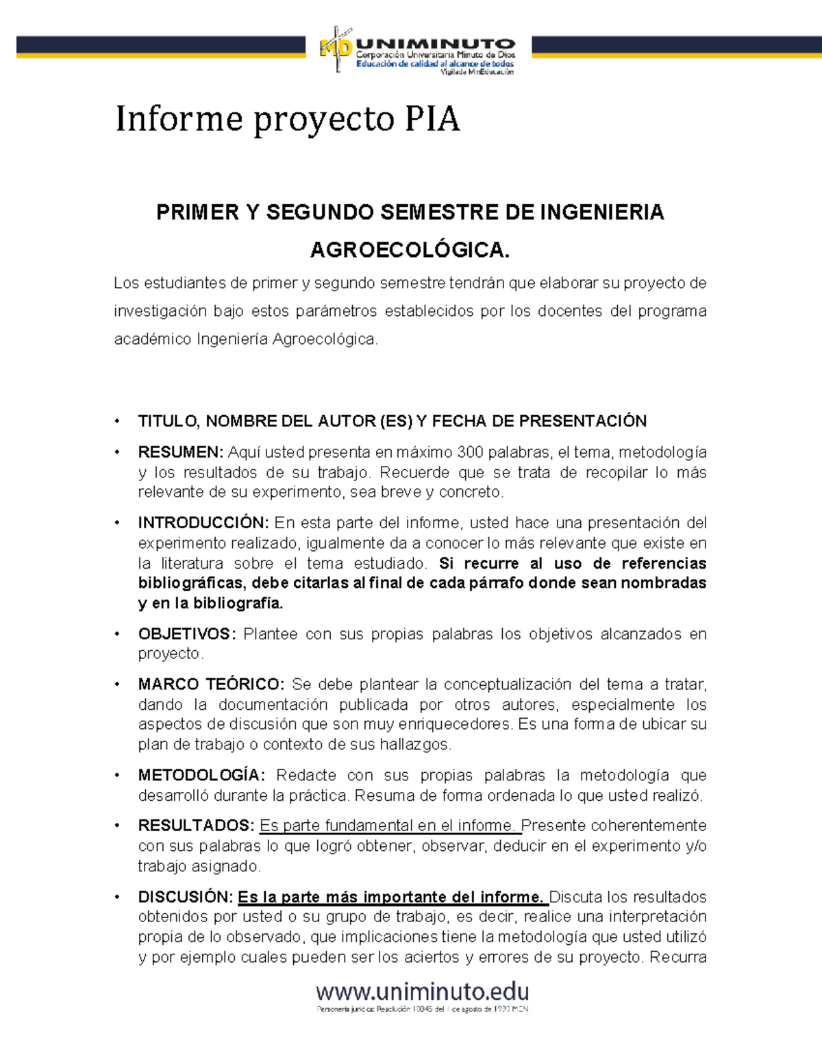 Parámetros informes PIA - Informe proyecto PIA PRIMER Y SEGUNDO SEMESTRE DE INGENIERIA - Studocu