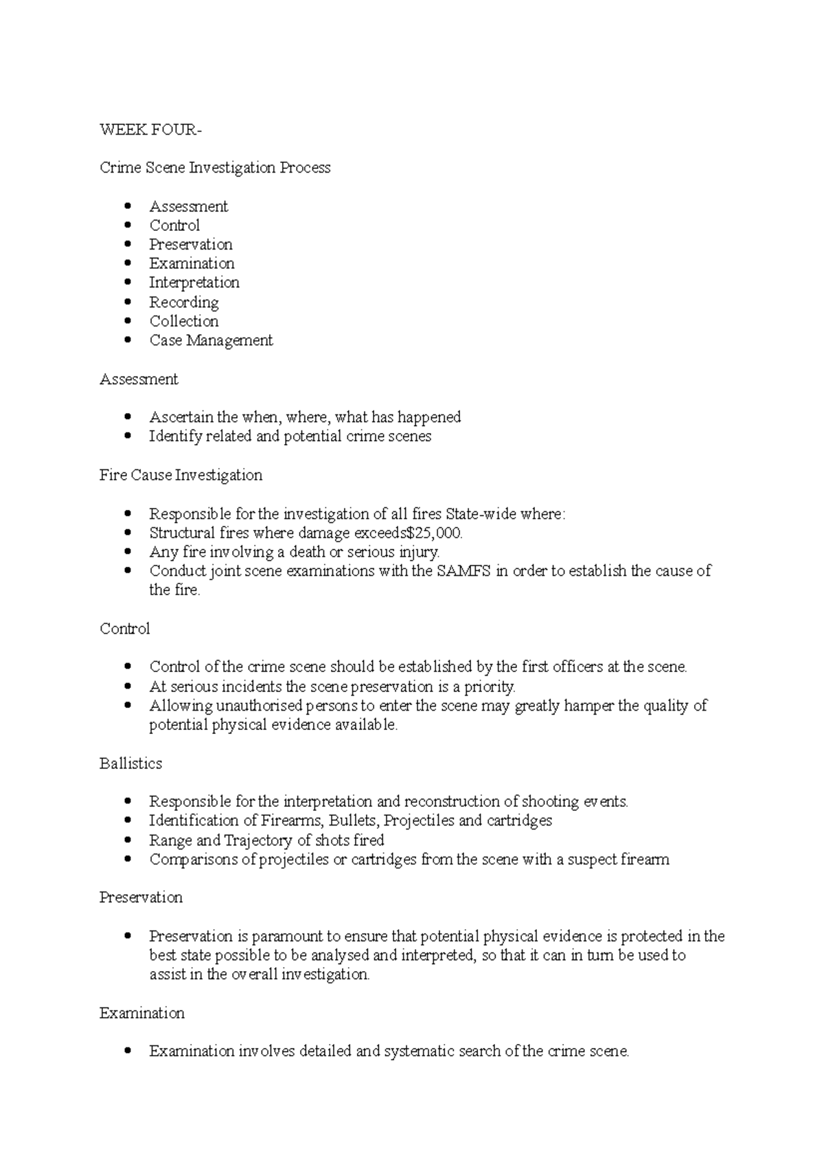 Week 4 - lecture notes - WEEK FOUR- Crime Scene Investigation Process ...