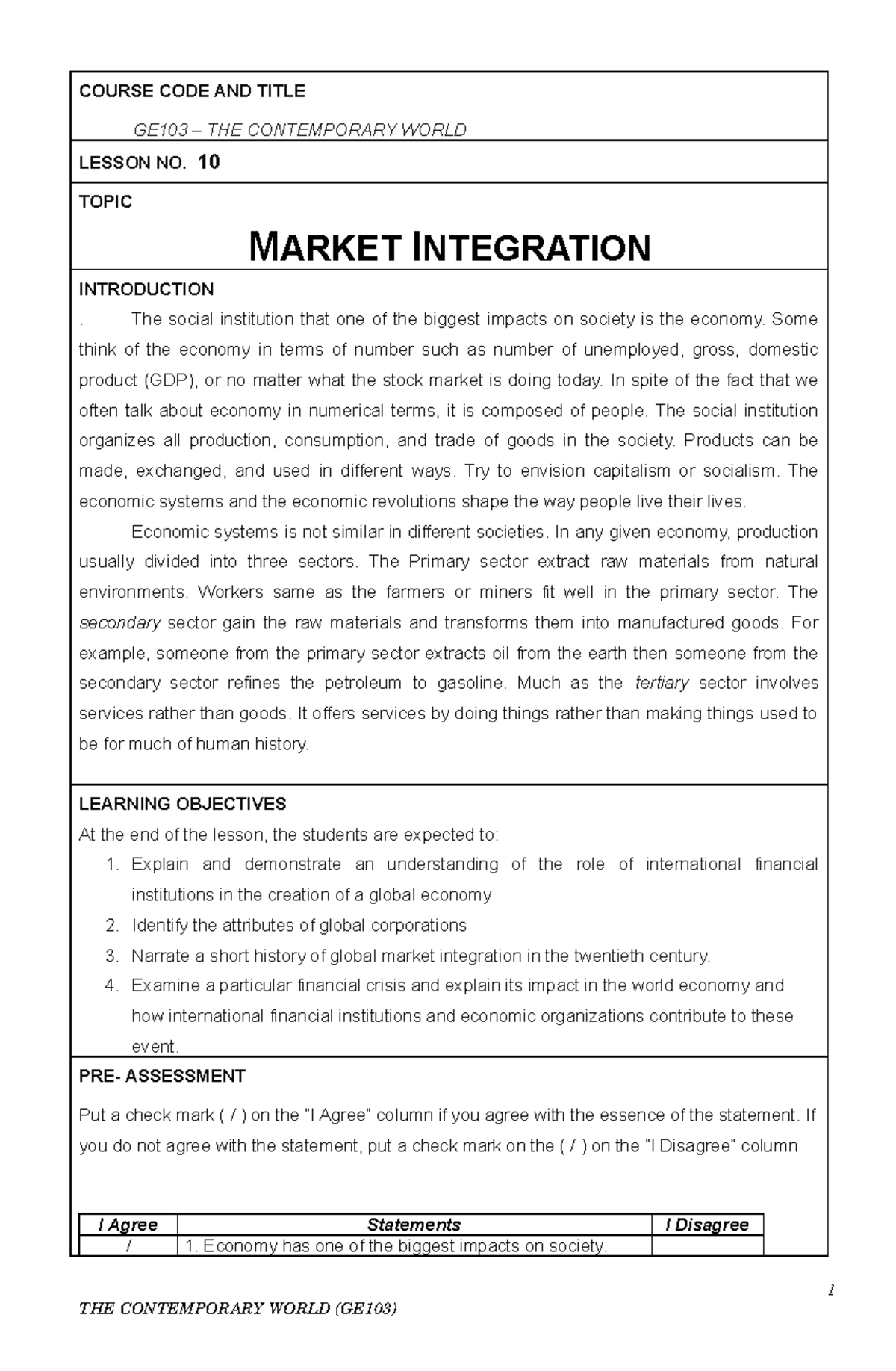 The Contemporary World Week 10 Module - COURSE CODE AND TITLE GE103 ...
