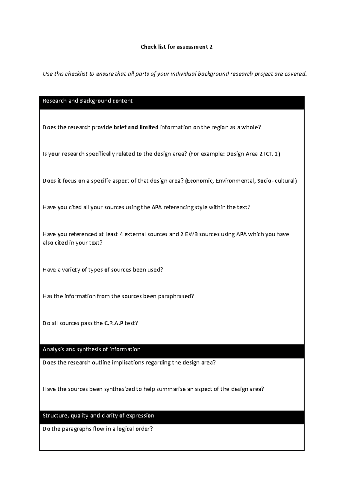 Check list for assessment 2-1 (1) - Check list for assessment 2 Use ...