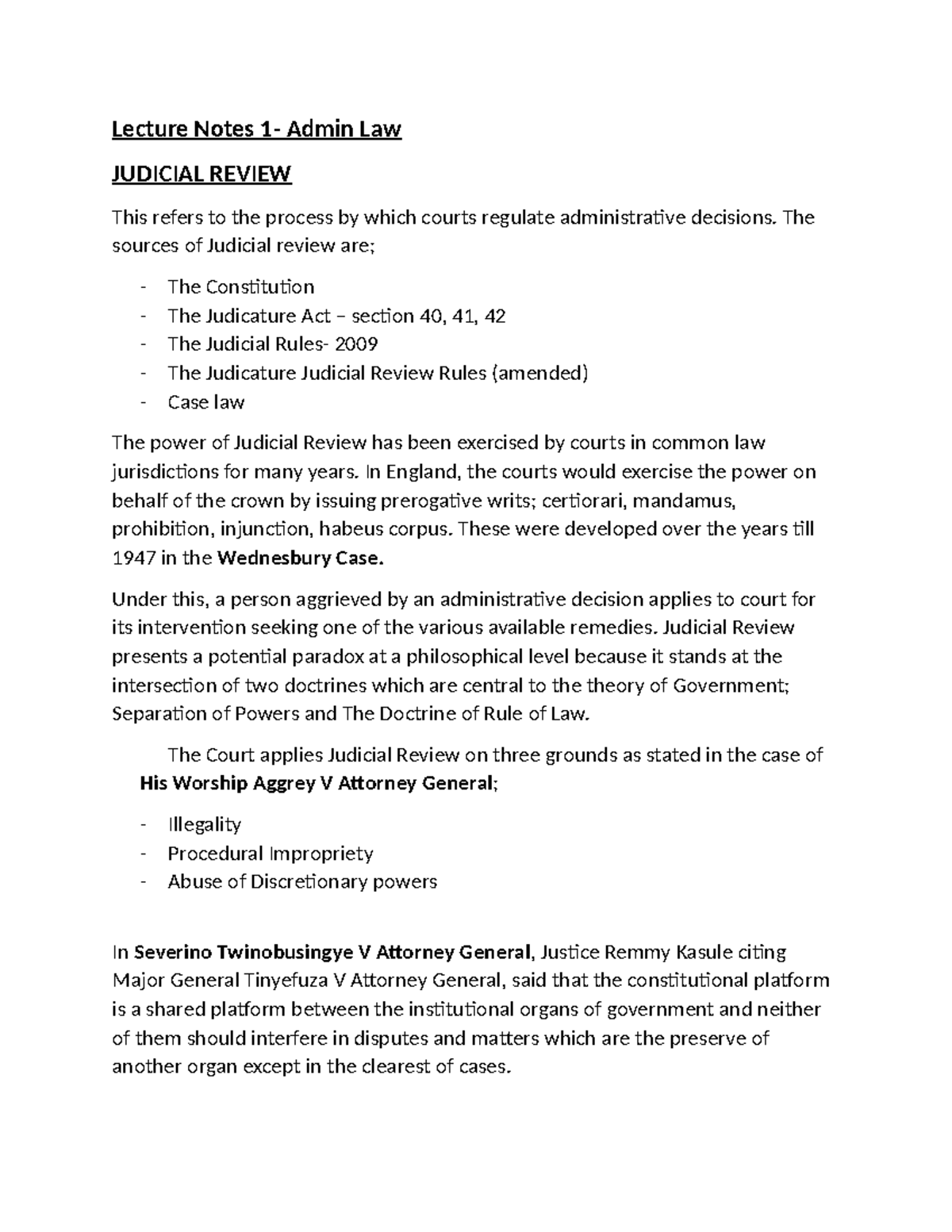 Judicial Review - Lecture Notes Ben - Lecture Notes 1- Admin Law ...