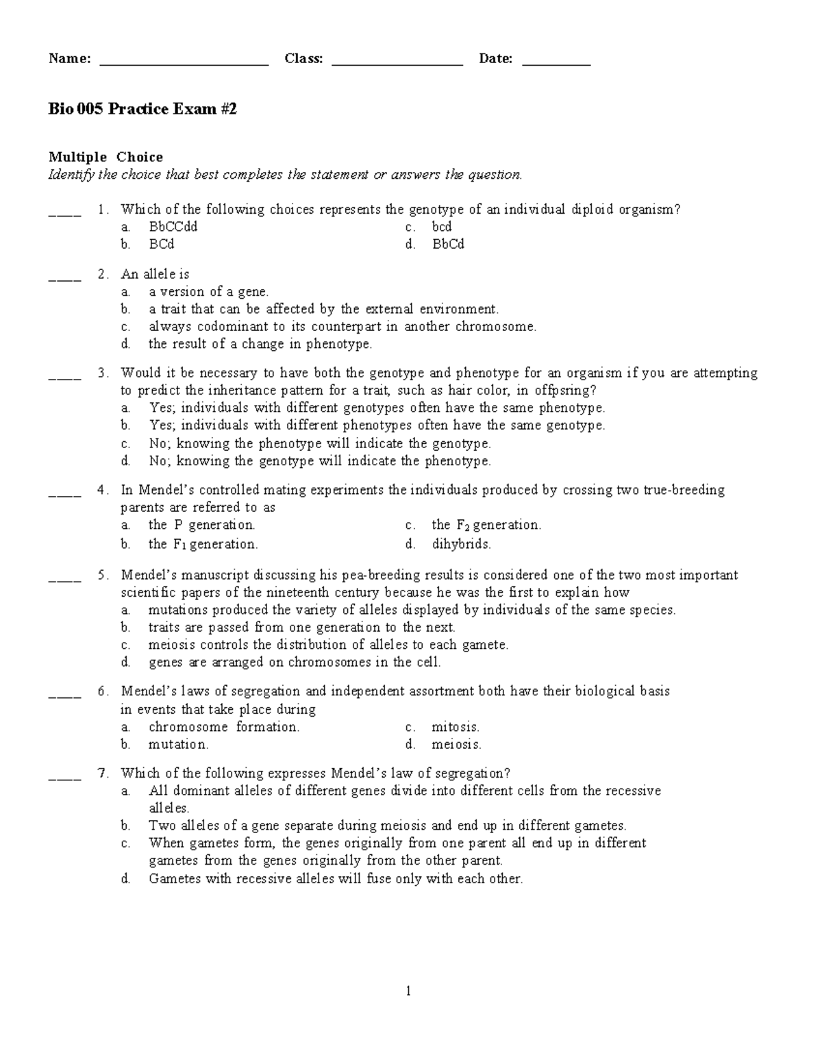 Bio 5 Practice Exam #2 - Professor Debra Conte - Name ...