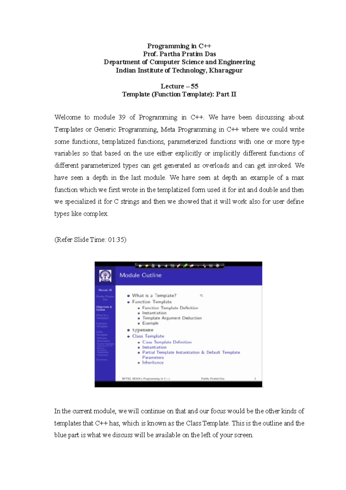 Lec 55 Module 39 Template (Function Template) Part II (Lecture 55) - Programming in C++ Prof ...