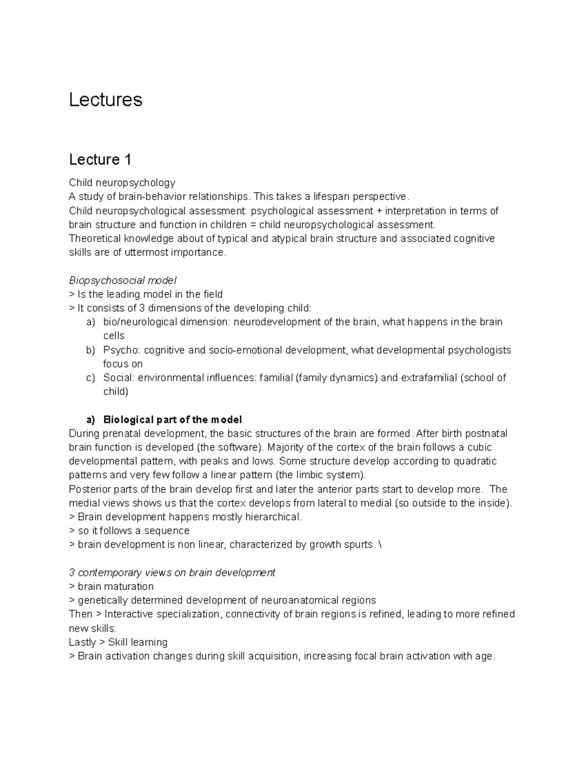 Developmental neuro lectures - Lectures Lecture 1 Child neuropsychology A study of brain ...