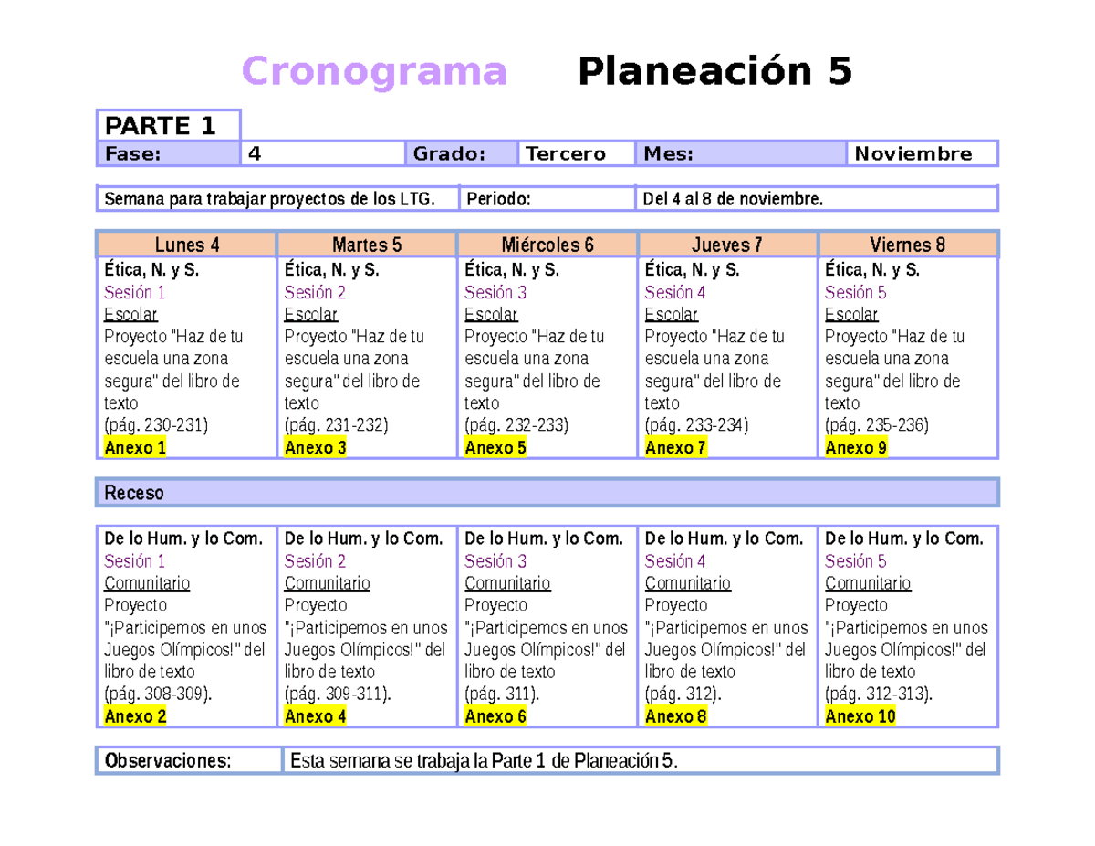 Cronograma 5 - Periodo: Del 4 al 8 de noviembre. Lunes 4 Martes 5 ...