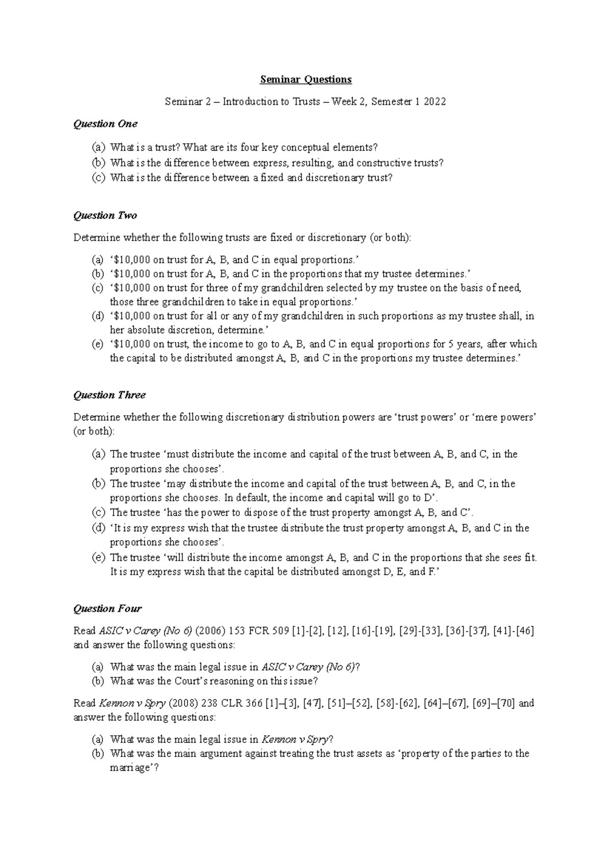 Seminar Questions - Intro to Trusts - Seminar Questions Seminar 2 ...