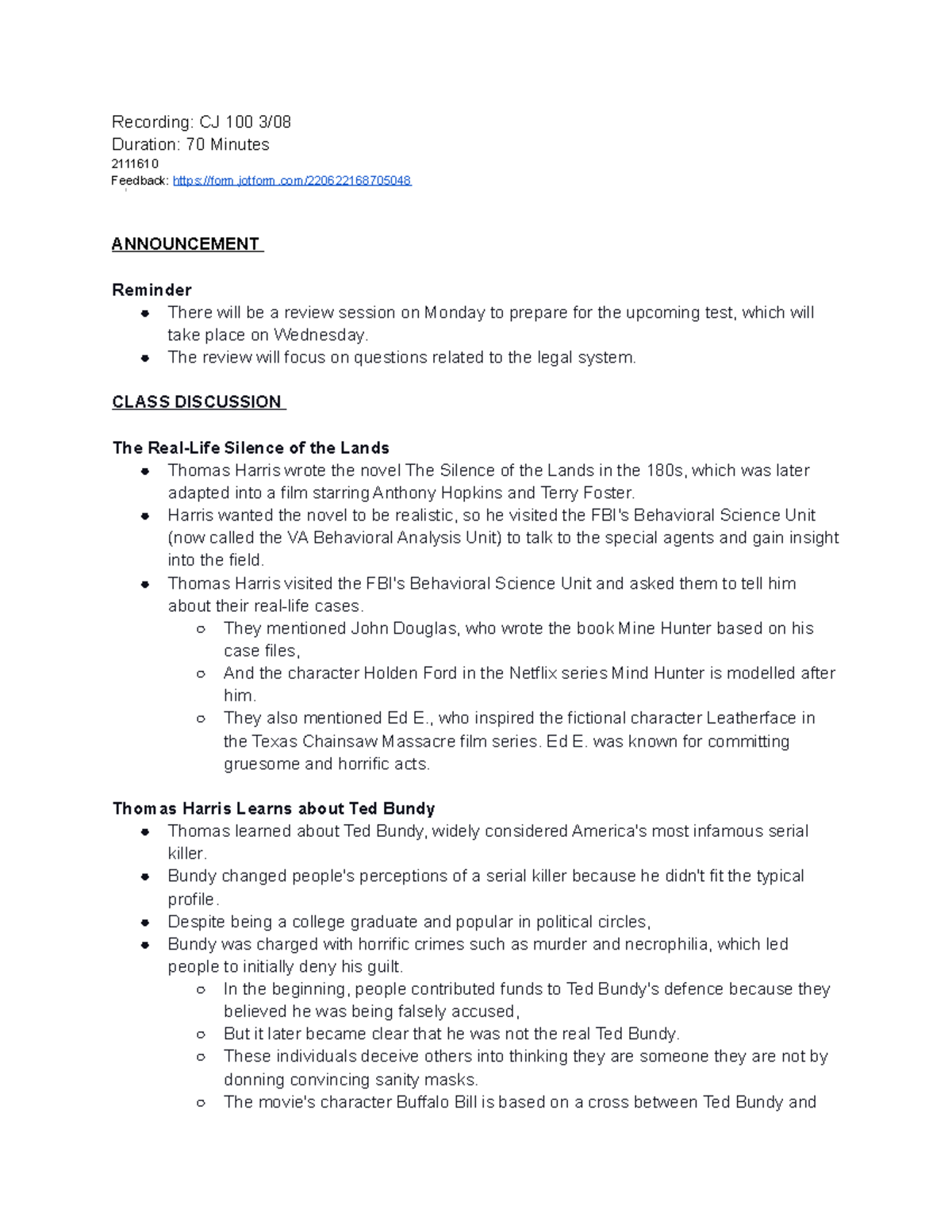 CJ 100 3 08 Summary Notes - Recording: CJ 100 3/ Duration: 70 Minutes ...