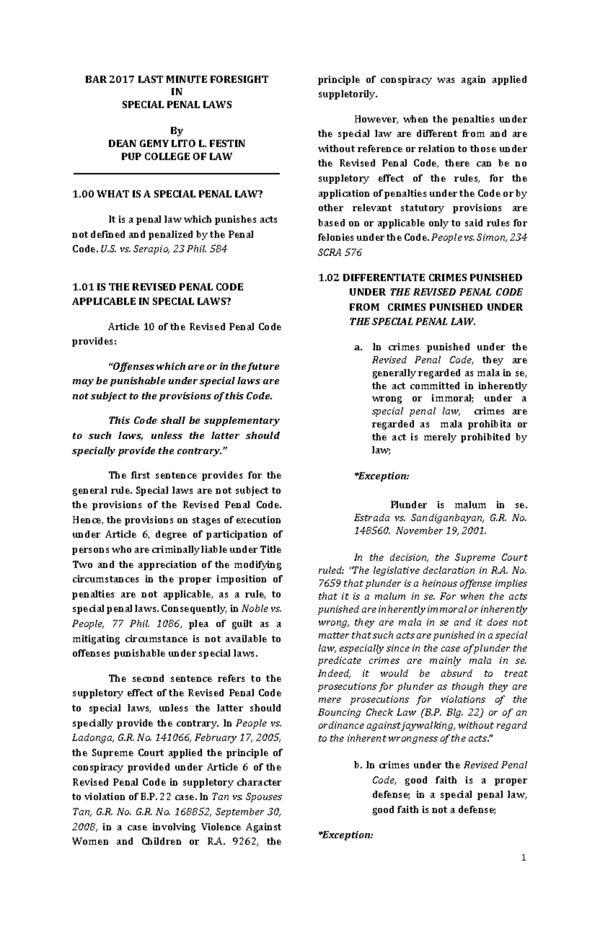 Special penal laws - BAR 2017 LAST MINUTE FORESIGHT IN SPECIAL PENAL ...