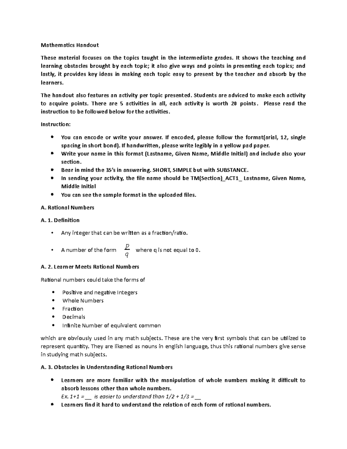 Handout math - Hnadout - Mathematics Handout These material focuses on ...