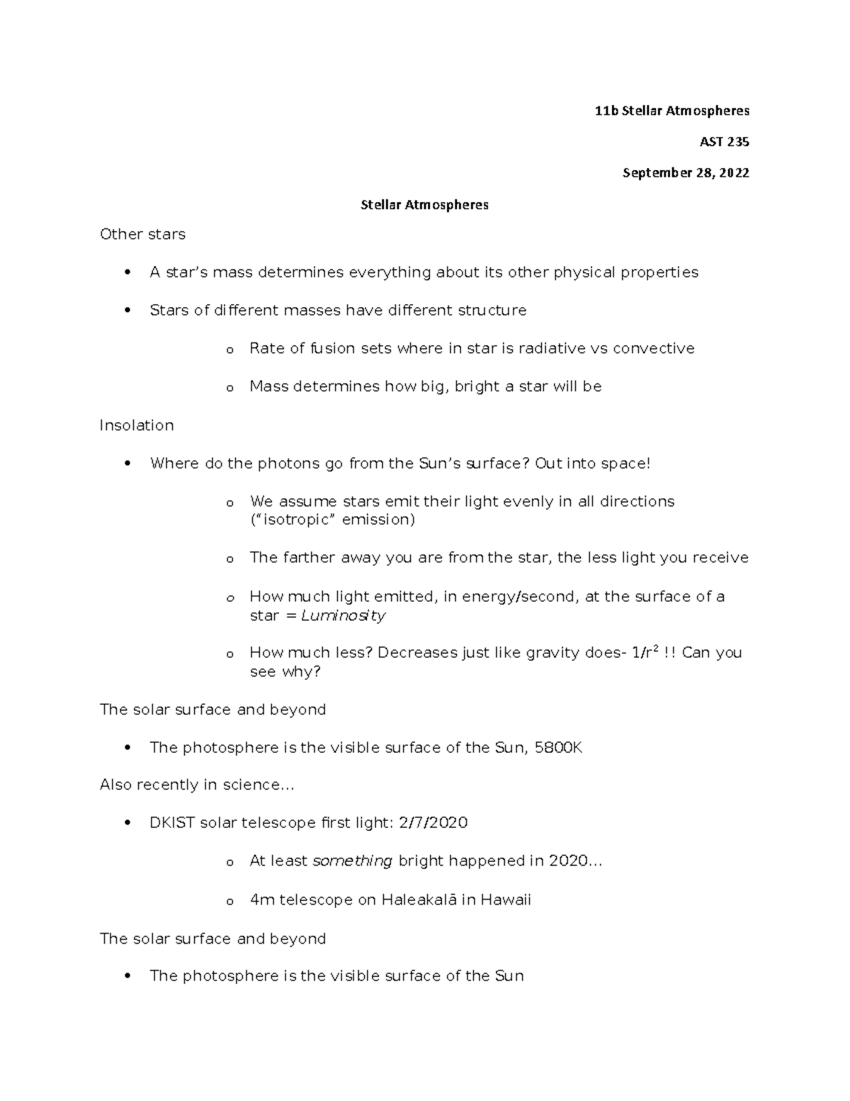 11b Stellar Atmospheres - .. DKIST solar telescope first light: 2/7/ o ...