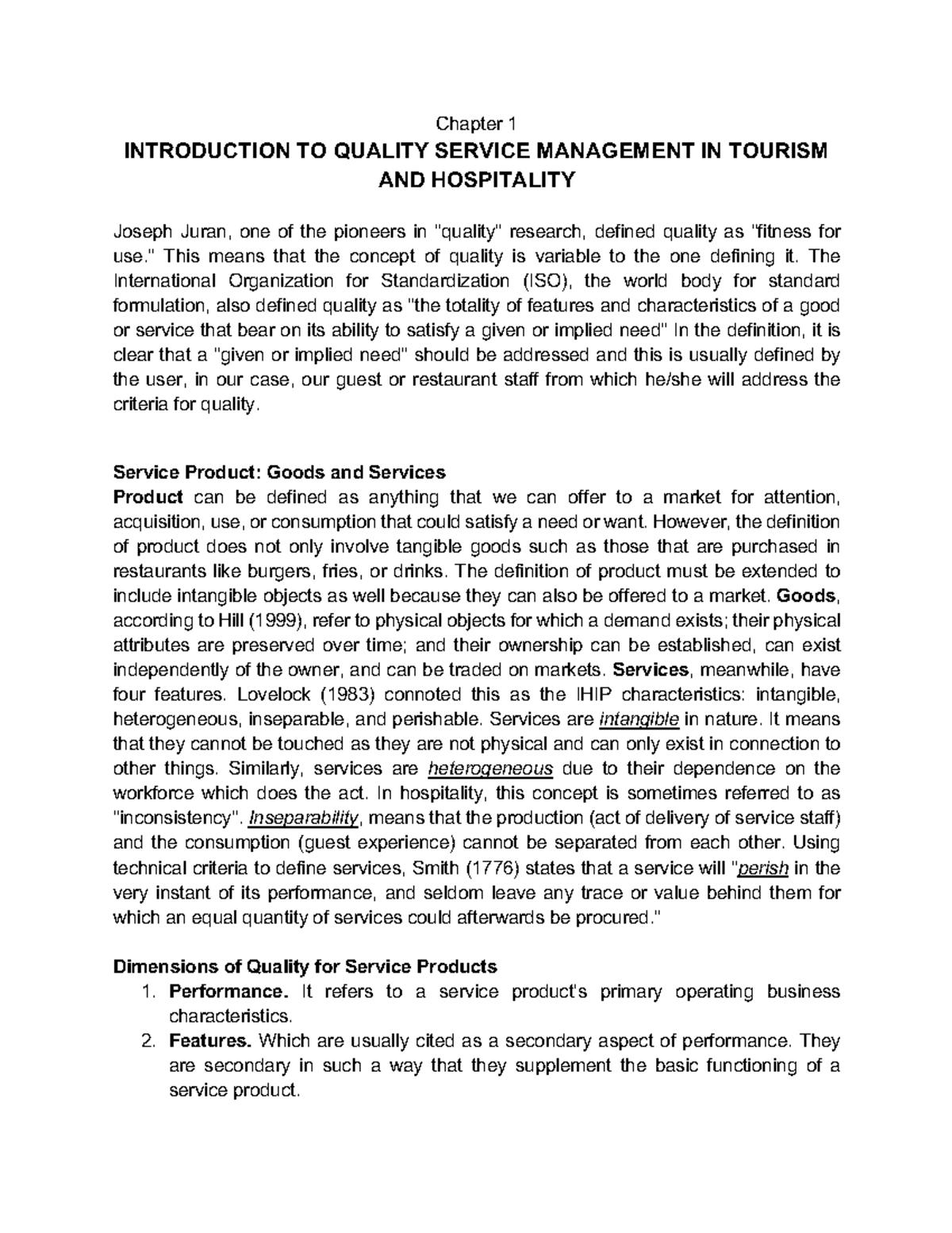 Chapter 1 - LAH - Chapter 1 INTRODUCTION TO QUALITY SERVICE MANAGEMENT IN TOURISM AND ...