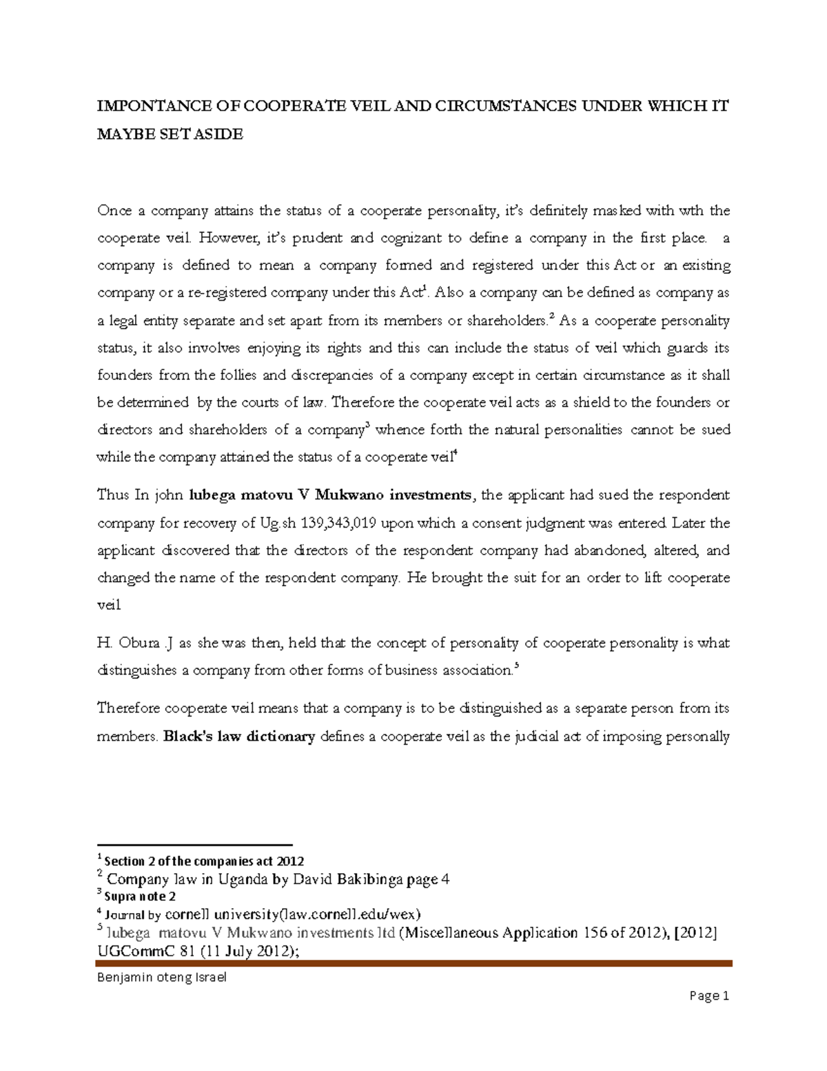 VEIL lifting - Summary law of business association - Benjamin oteng ...