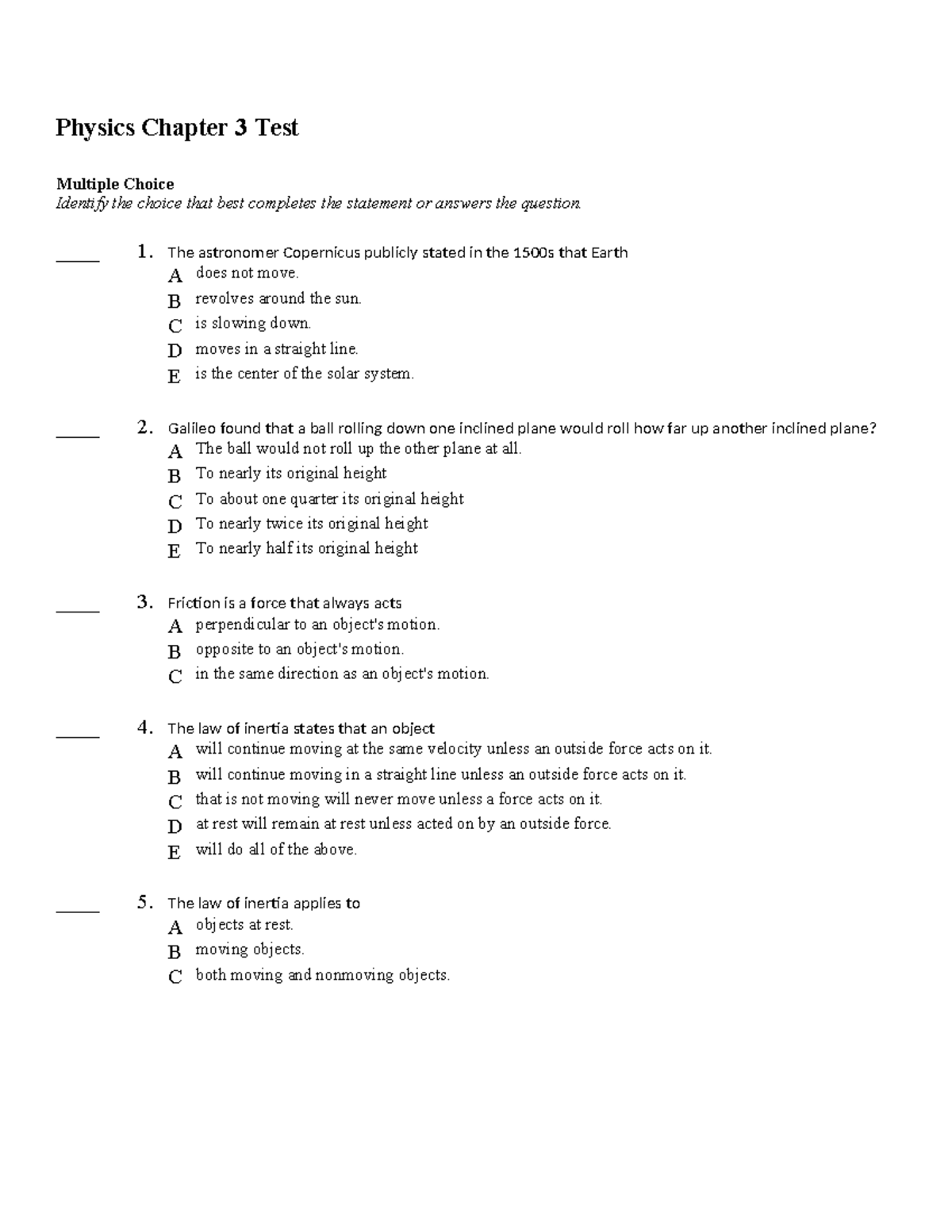 Physics Chapter 3 Original Test - Physics Chapter 3 Test Multiple ...
