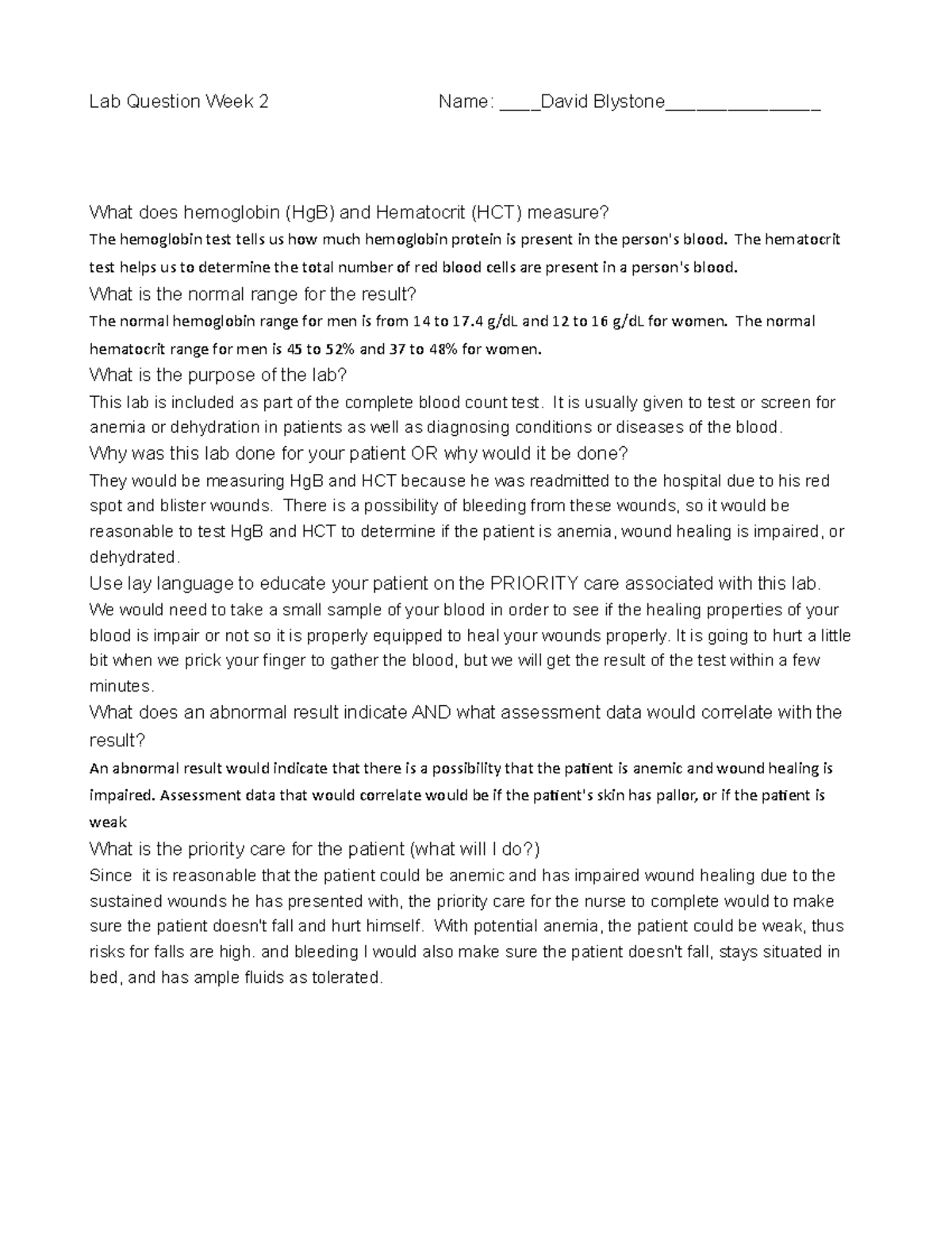 Lab Question - Week 2 - objectives - Lab Question Week 2 Name: David ...