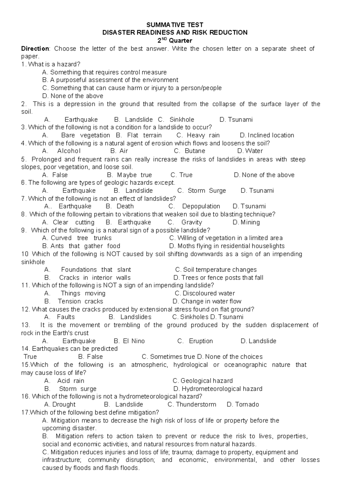 Summative TEST DRRR - SUMMATIVE TEST DISASTER READINESS AND RISK ...