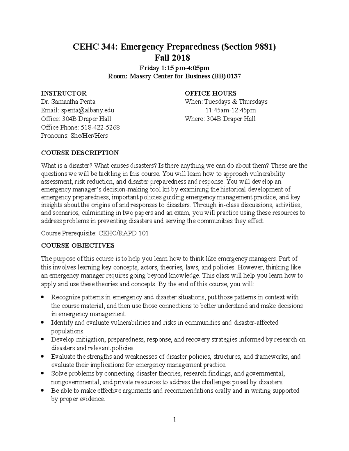 CEHC 344 Syllabus Spring 2019 F - CEHC 344: Emergency Preparedness ...