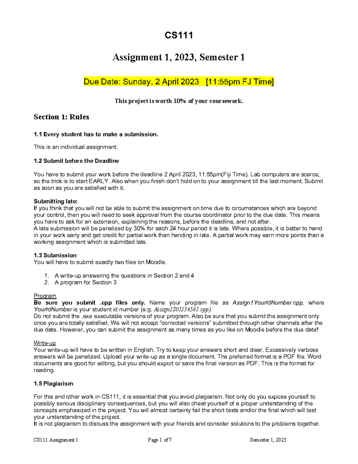Cs111 Assign 1 2023 Write Up And Program It Cs Assignment 1 2023 4781