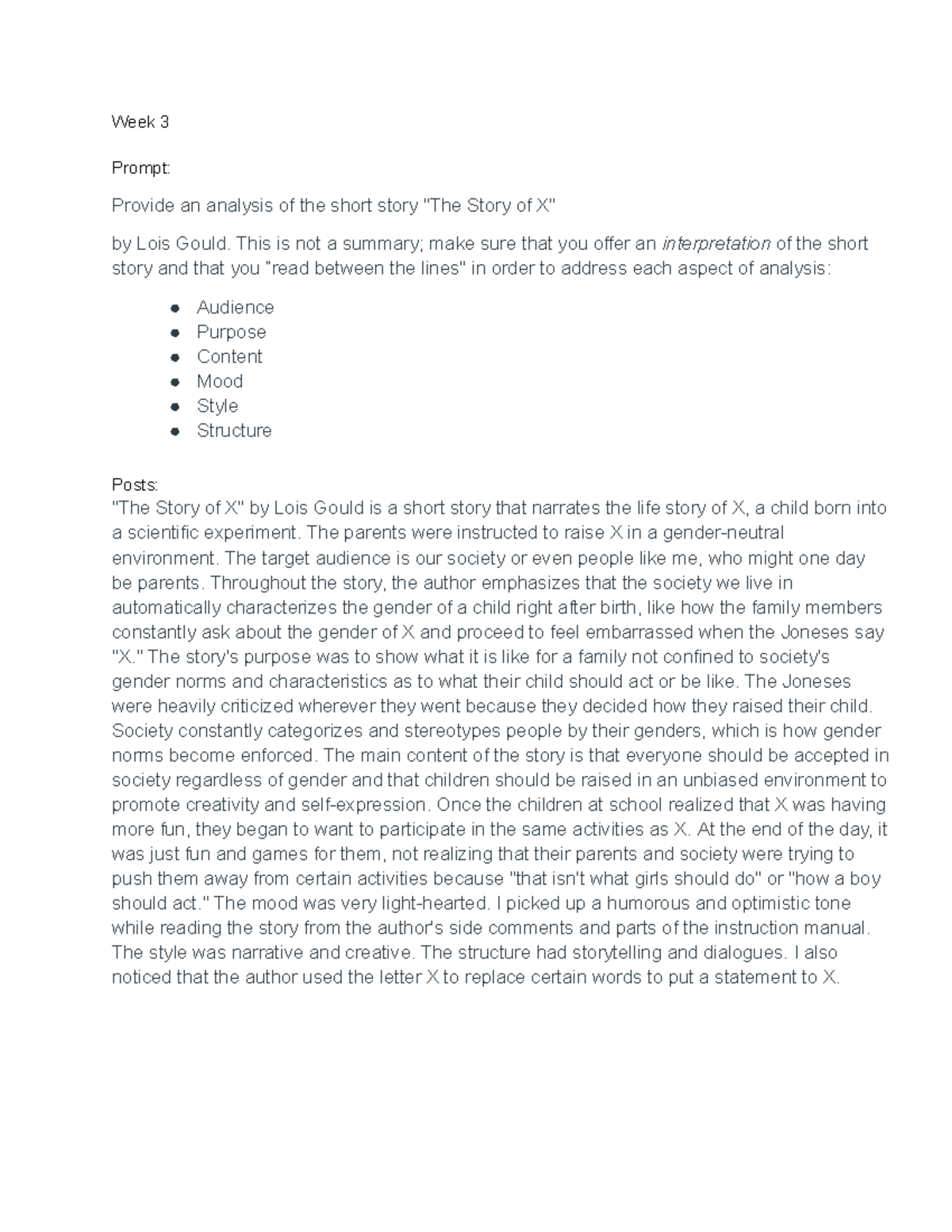 Week 3 Discussion - Week 3 Prompt: Provide an analysis of the short story "The Story of X" - Studocu
