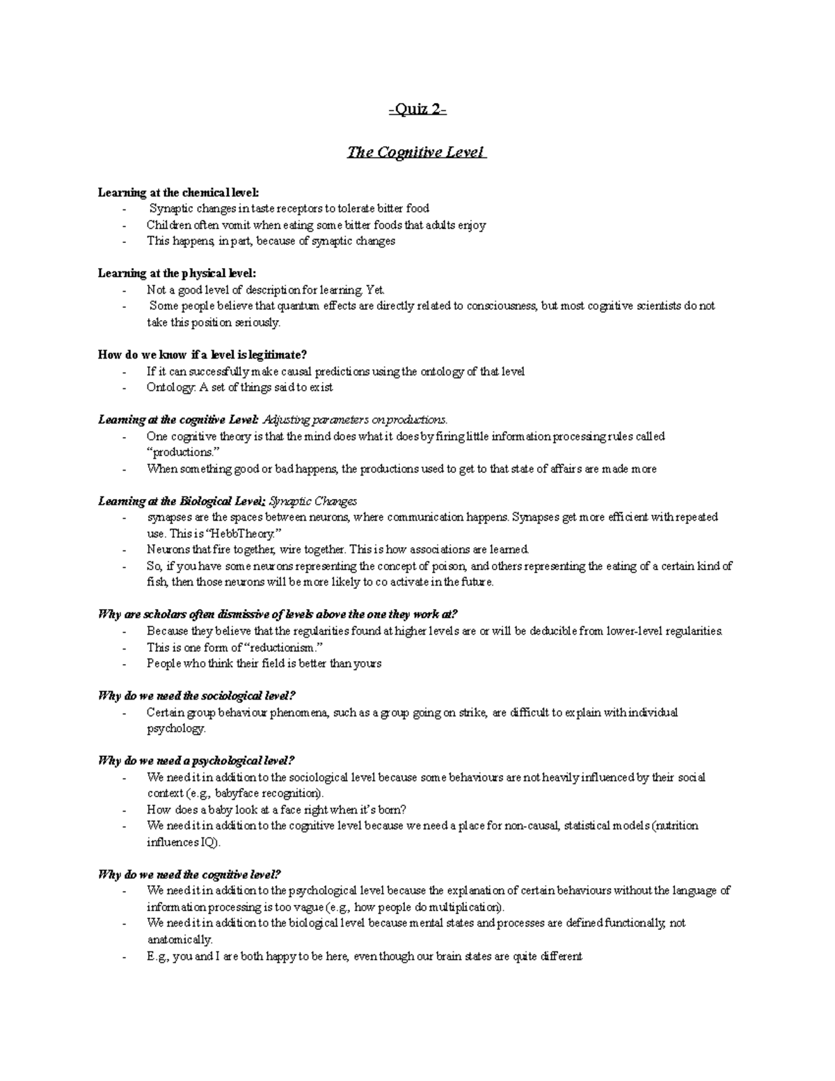 CGSC quiz 2- study -2 - Lecture notes 1-6 -Quiz 2- The Cognitive Level ...