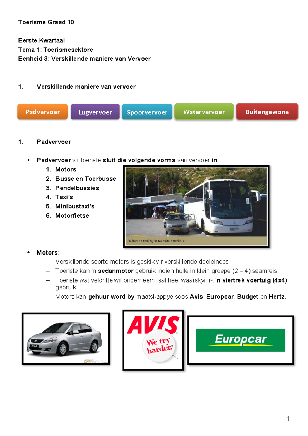 Eenheid 3 Notas - Verskillende metodes van vervoer - Toerisme Graad 10 ...