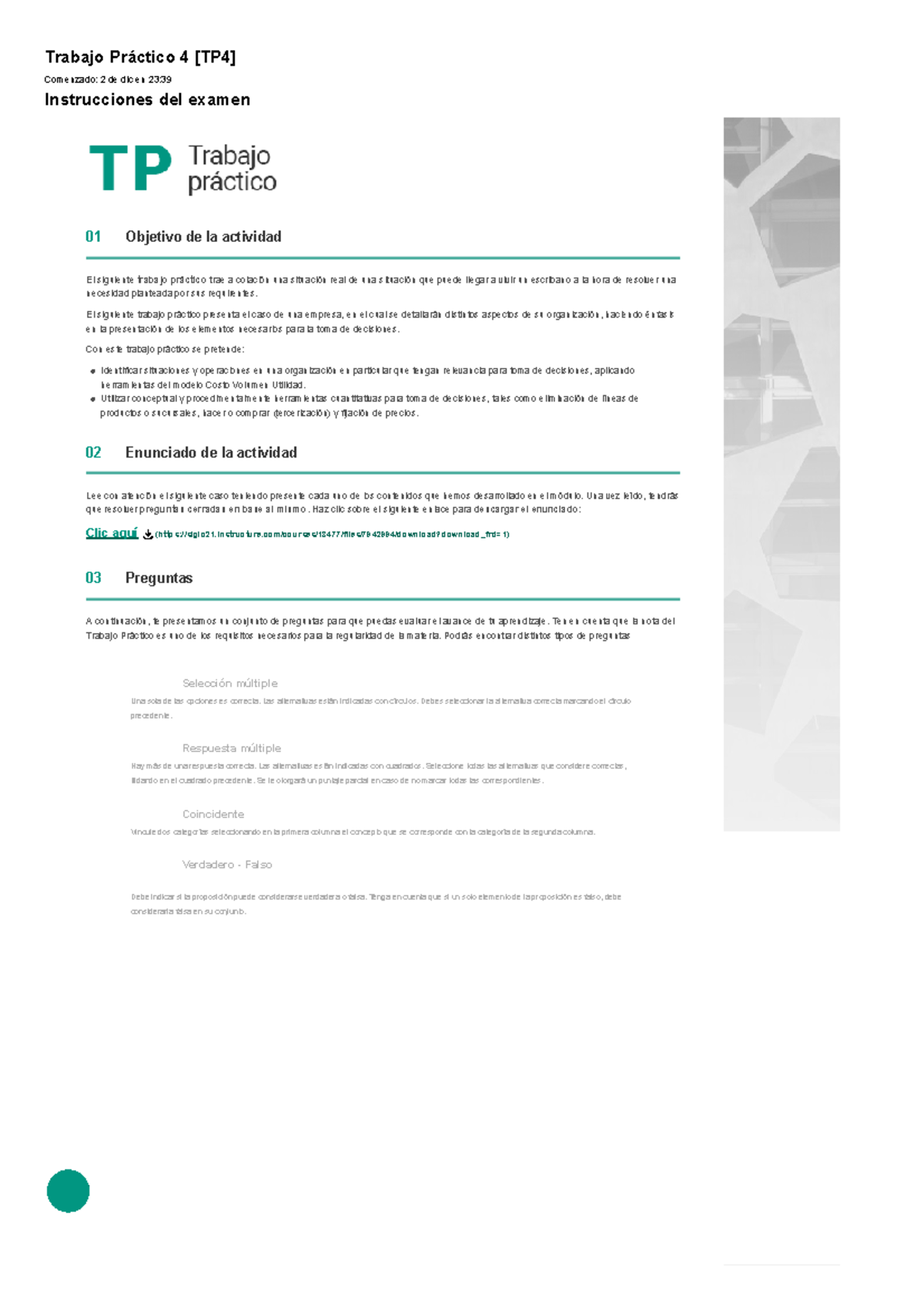 Examen Trabajo Práctico 4 [TP4] - 90% - Contabilidad de Costos - Trabajo Práctico 4 [TP4 ...