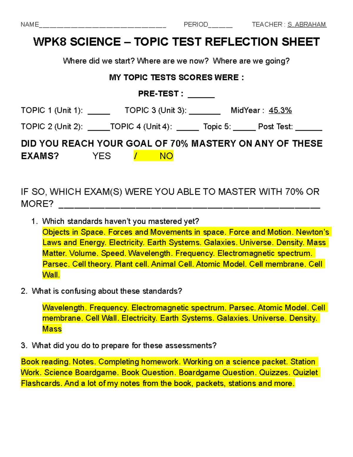 Topic Test Reflection Mid Year - Copy - NAME ...