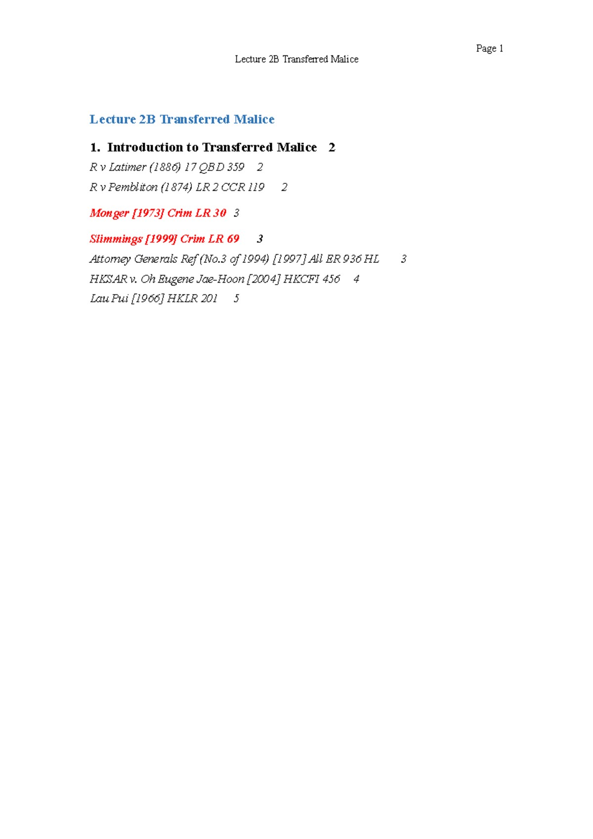 Lecture 2B Transferred Malice - Page 1 Lecture 2B Transferred Malice ...