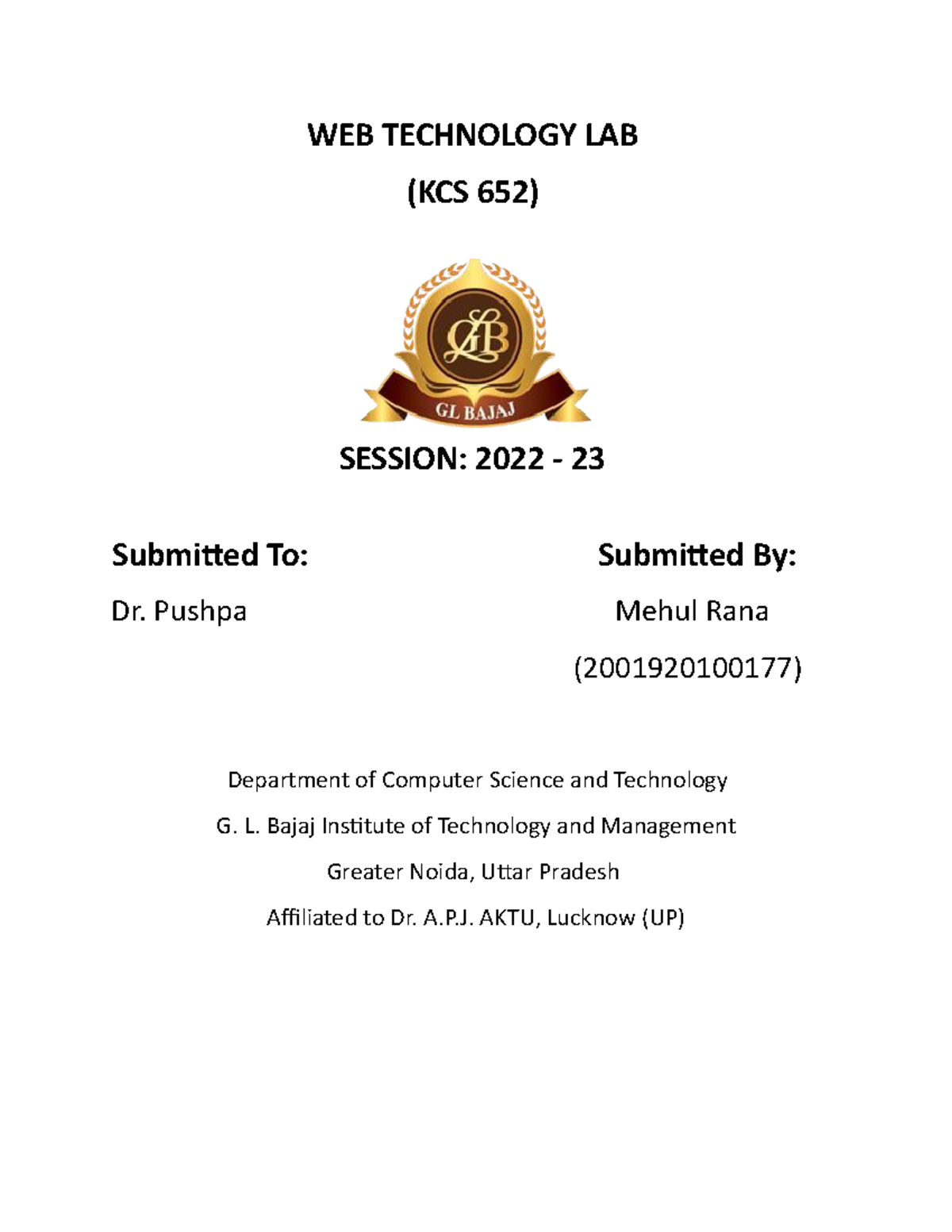Web20tech20lab Web Technology Lab Kcs 652 Session 2022 23 Submitted To Submitted By 