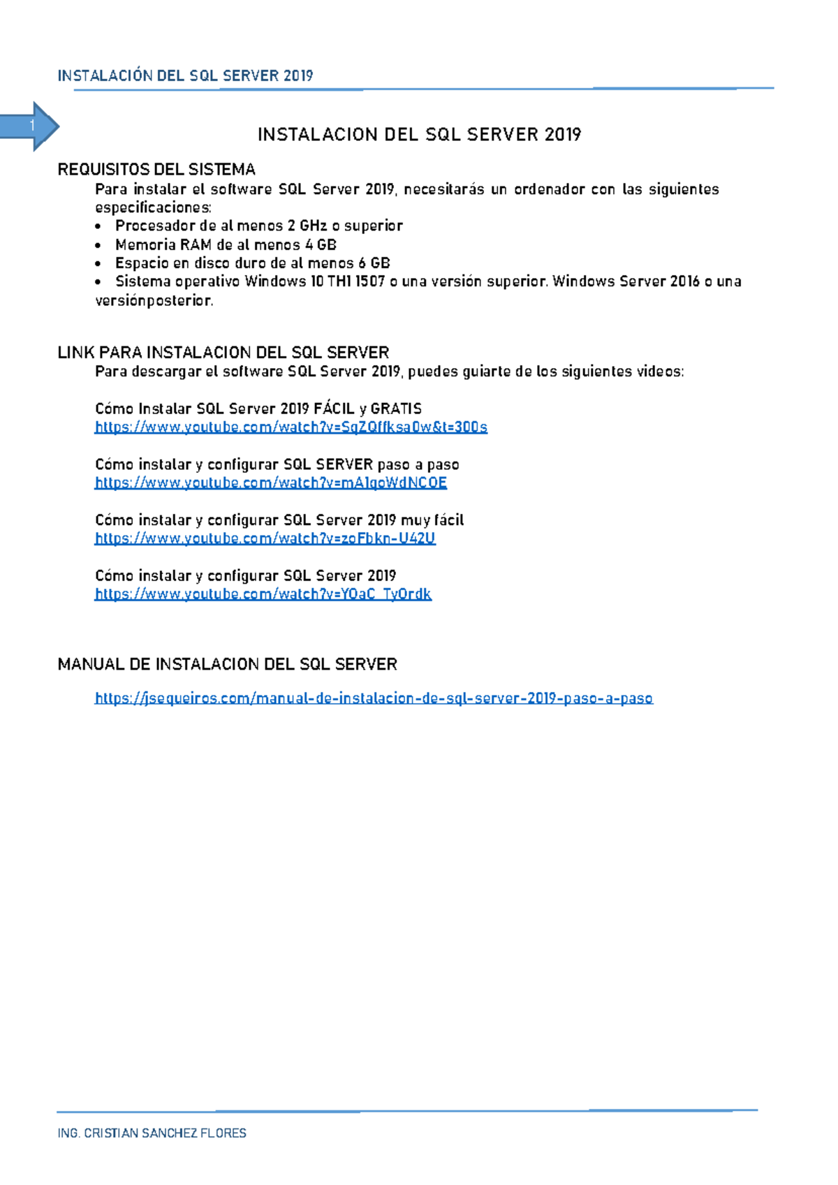 Manual de Instalacion del SQL Server 2019 - ING. CRISTIAN SANCHEZ FLORES 1 INSTALACION DEL SQL ...