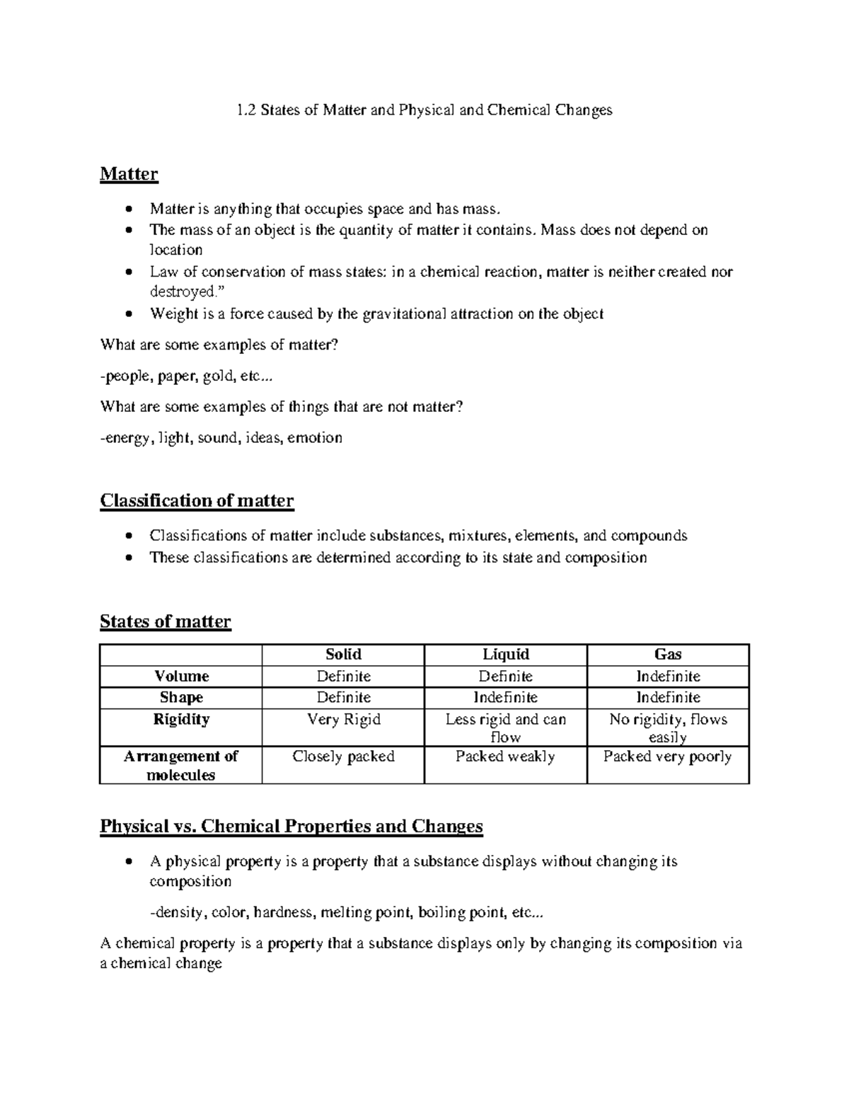 Chem Notes (1.2 Matter) - 1 States of Matter and Physical and Chemical ...