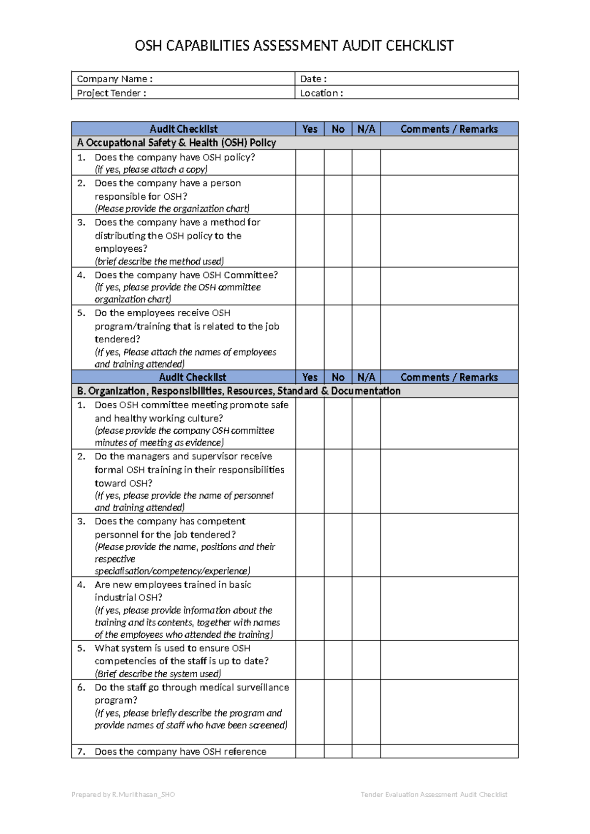 OSH Tender Evaluation Audit Checklist - OSH CAPABILITIES ASSESSMENT ...
