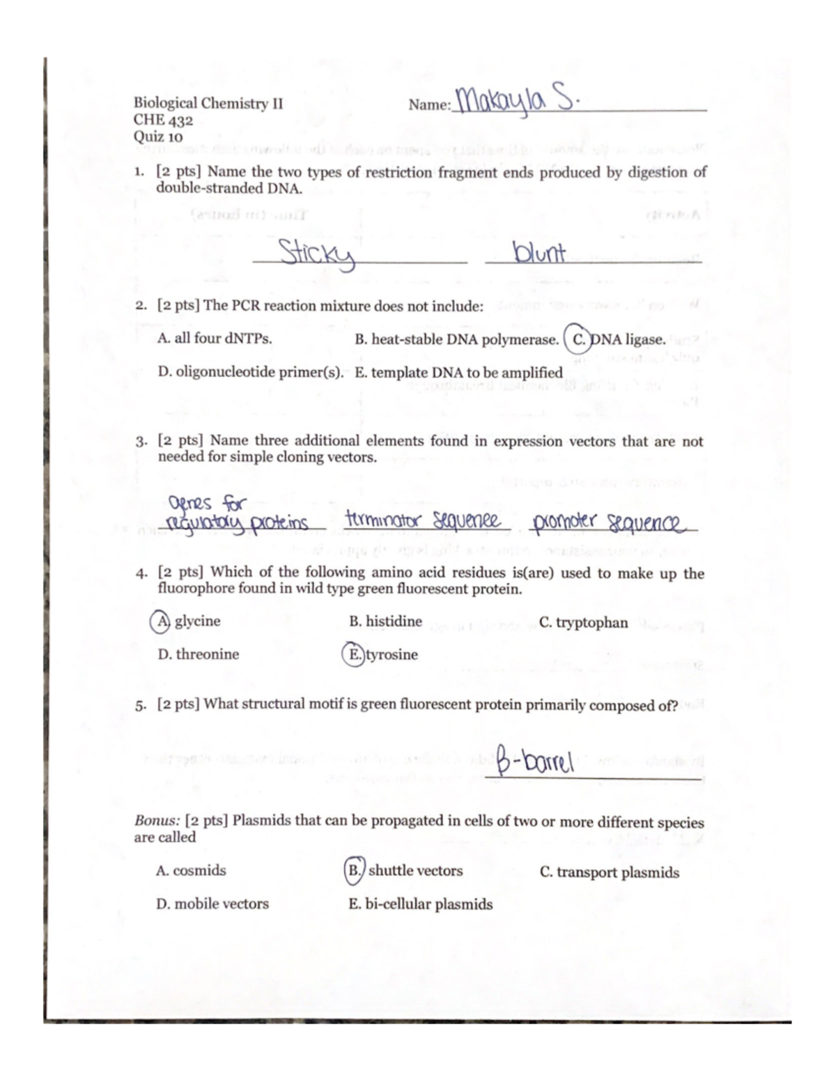Biochem quiz 10 - Quiz - CHE 432 - Studocu