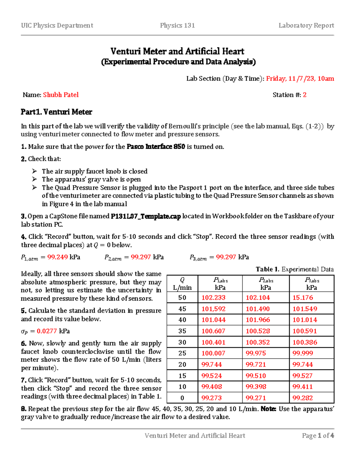 P131L07 Lab Report Template v20221112 - Venturi Meter and Artificial ...