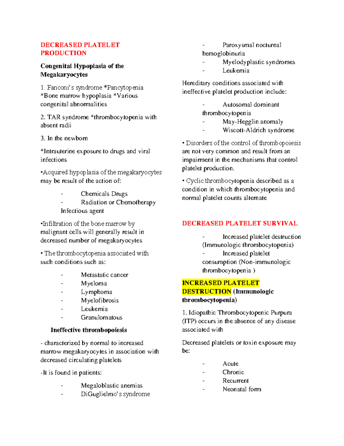 Quantitative Platelet Disorder - DECREASED PLATELET PRODUCTION ...